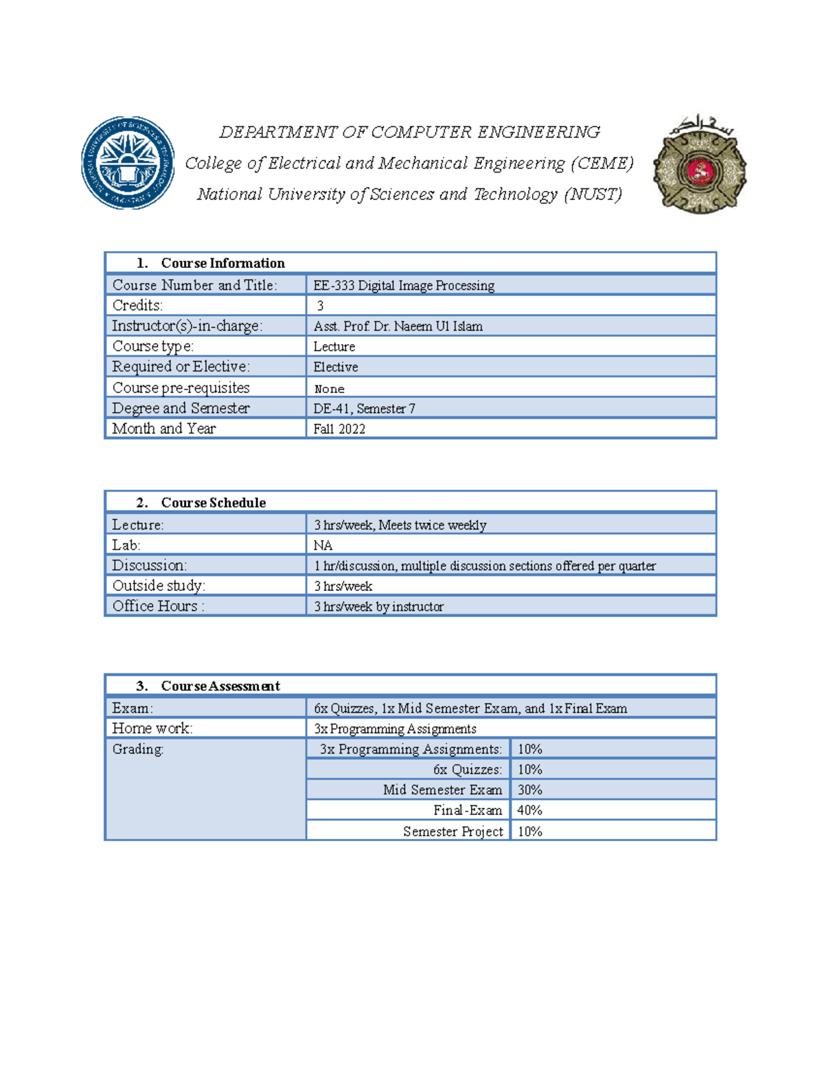 EE-333 Digital Image Processing Course Outline - DEPARTMENT OF COMPUTER ...