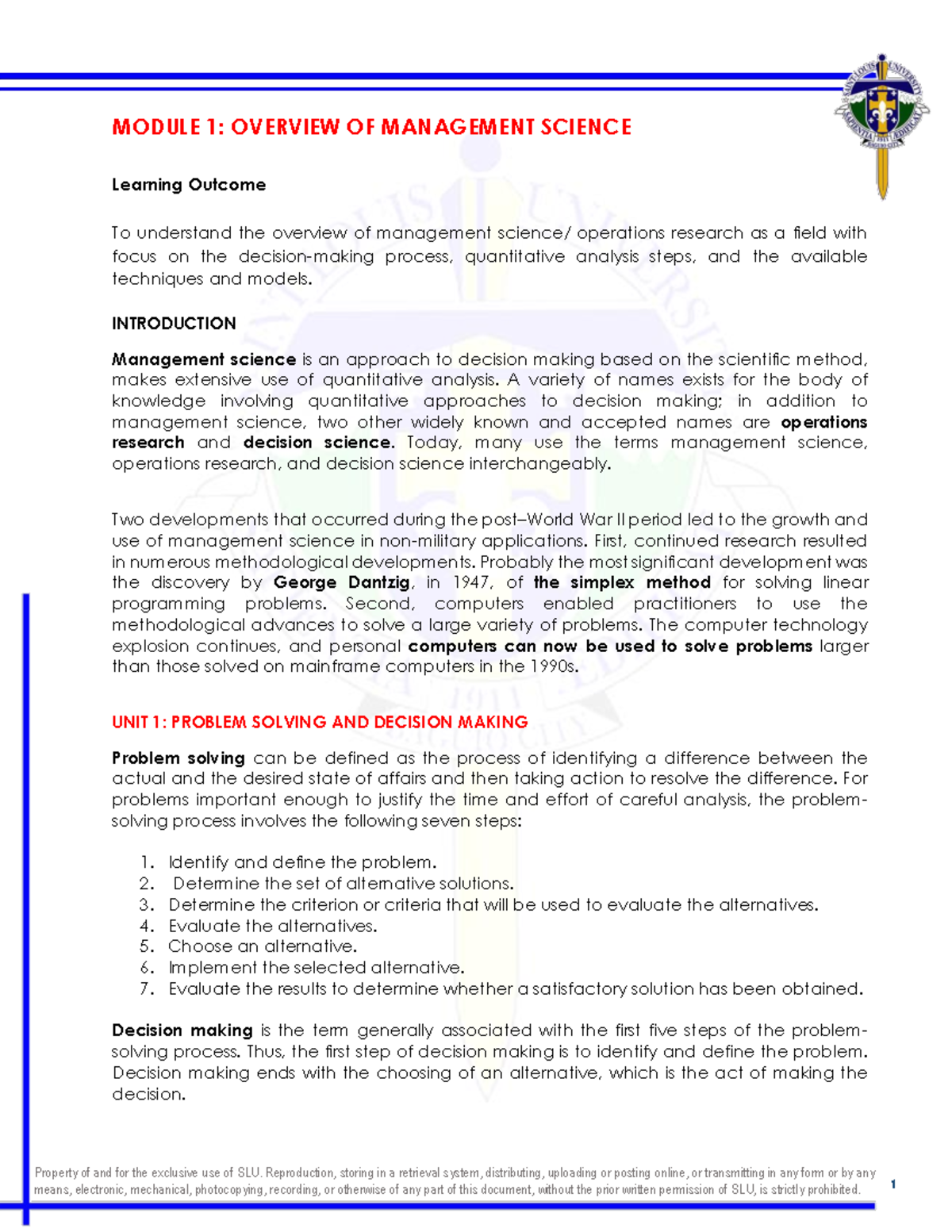 Module 1 Overview of management science - Property of and for the exclusive use of SLU. - Studocu