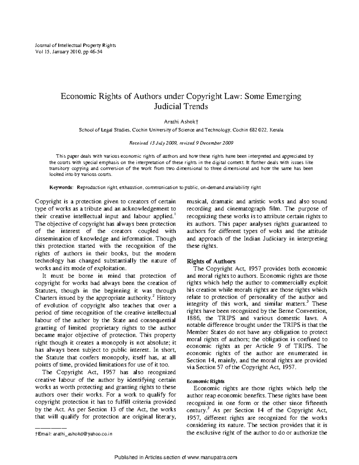 Rights of copyright owner reading - Journal of Intellectual Property ...