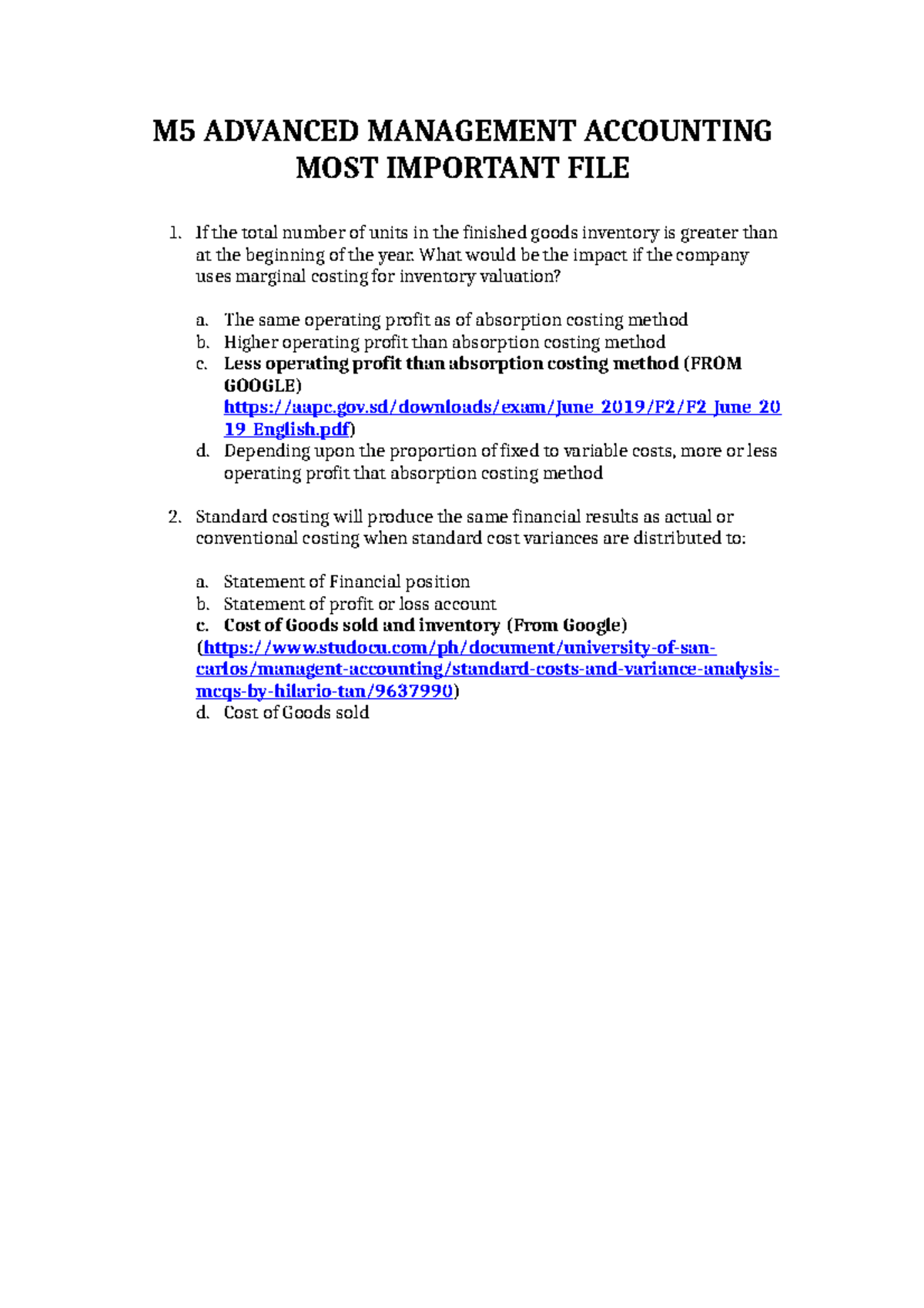 M5 Advanced Management Accounting MOST Important FILE - M5 ADVANCED ...