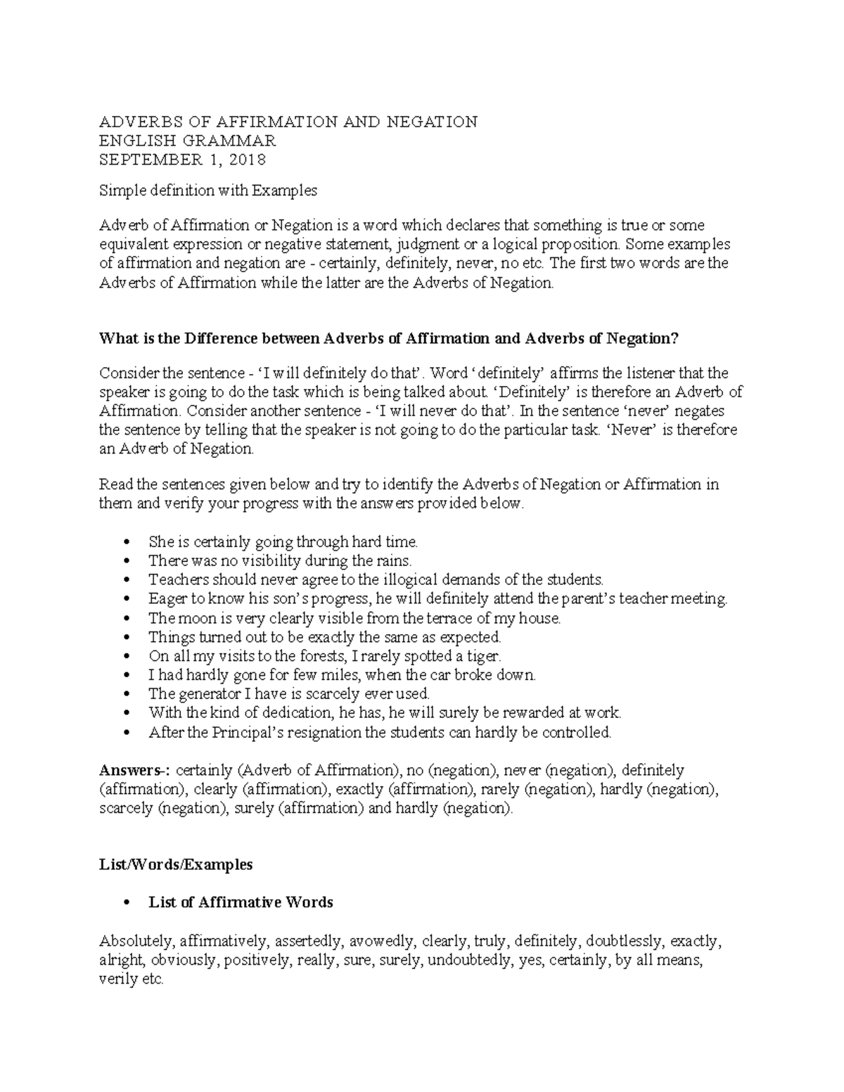 Adverbs OF Affirmation AND Negation - ADVERBS OF AFFIRMATION AND ...