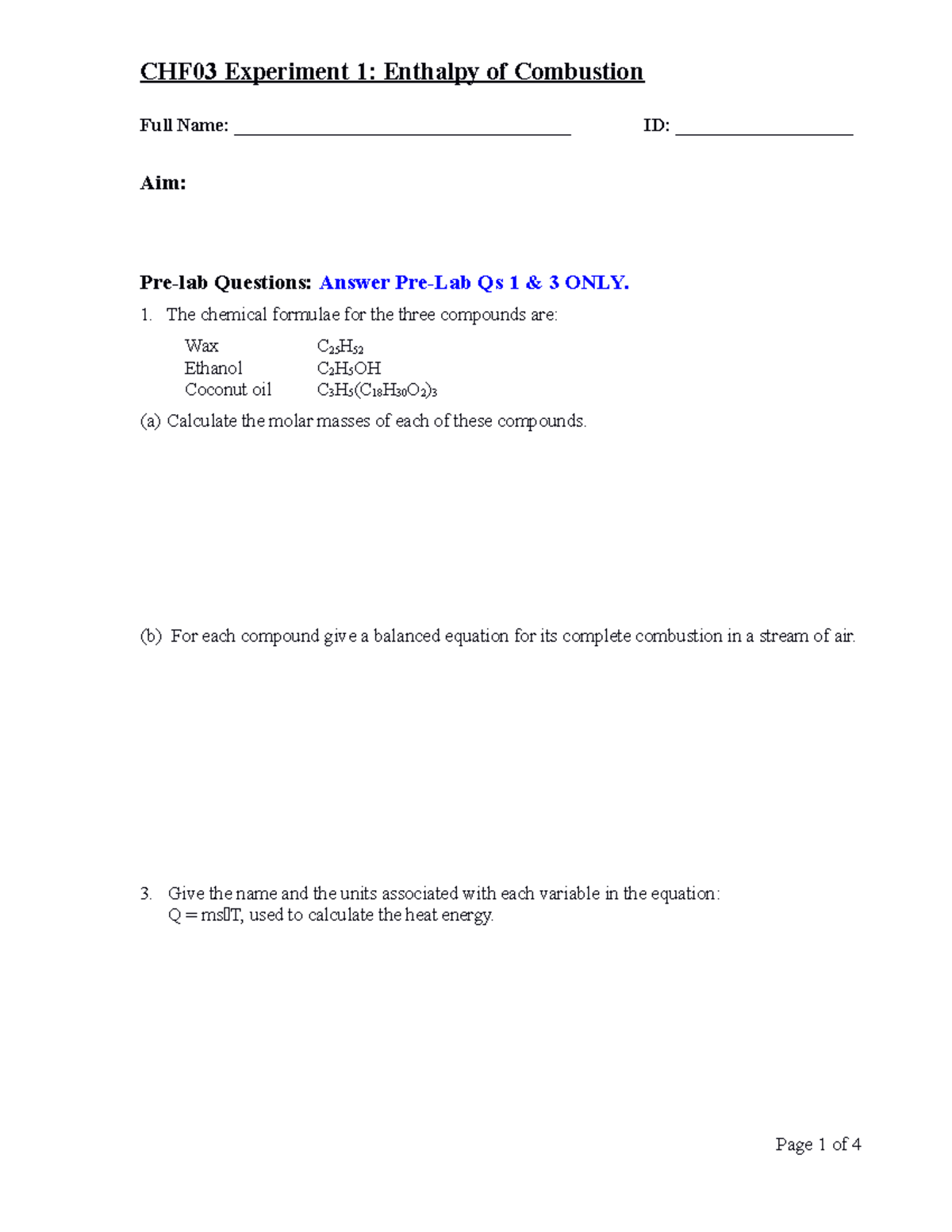 CHF03 Online Lab Report 1 Handout Expt. 1 - CHF03 Experiment 1 ...