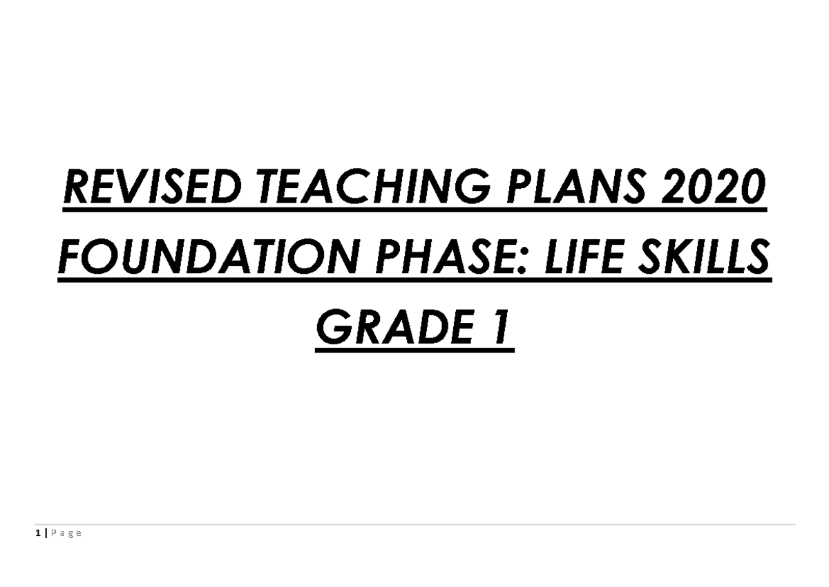Grade 1 Revised Teaching Plans LIFE Skills 2020 Guidelines - REVISED ...