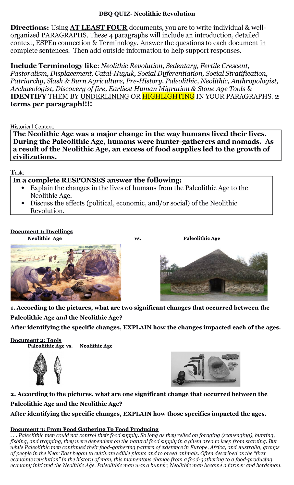 DBQ Neolithic vs Paleolithic QUIZ - DBQ QUIZ- Neolithic Revolution ...