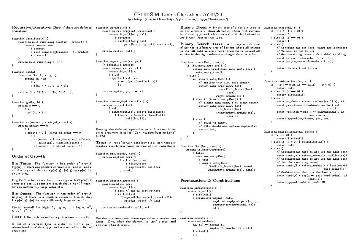 Cs1101s-midterms-2019 s1 - CS1101S Midterms Cheatsheet AY19/ by ...