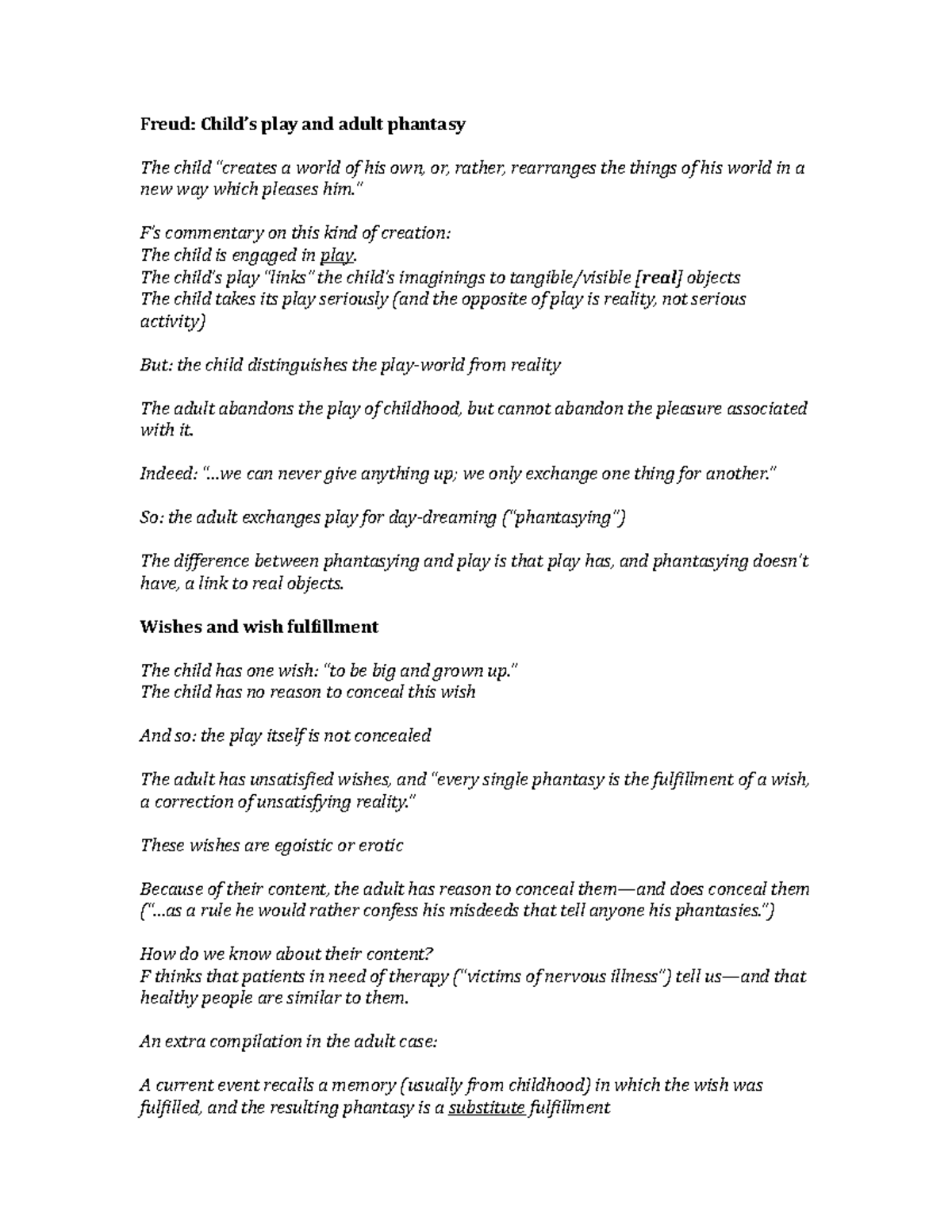 Philosophy Notes 3 - Freud: play and adult phantasy The child a world ...