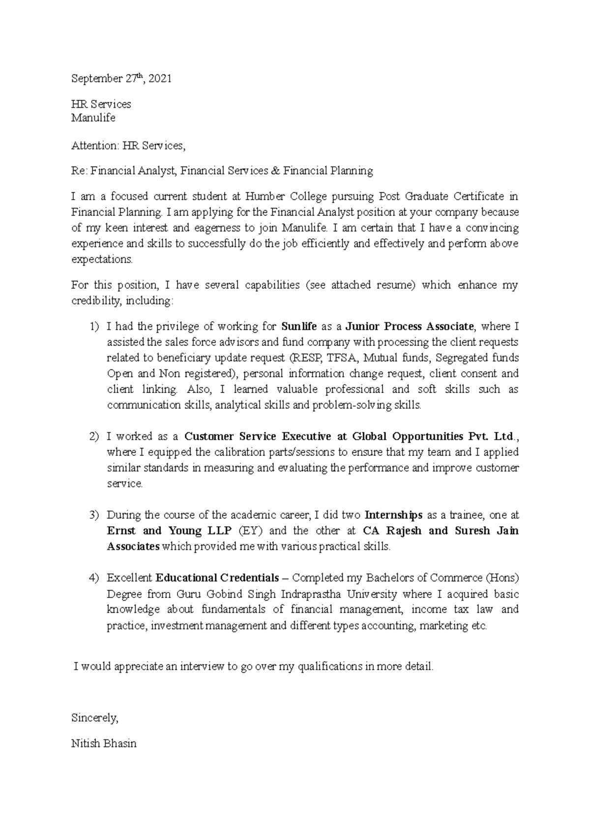 Cover Letter sample Assignmnet_ Humber Collge - September 27th, 2021 HR ...