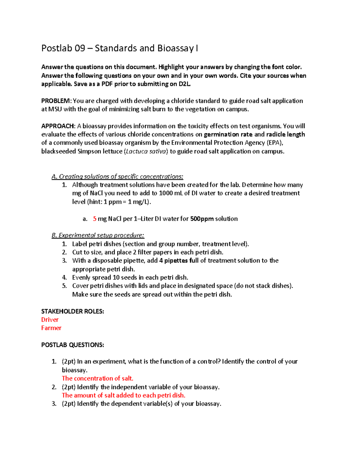Postlab 09 S24 - Lab - Postlab 09 – Standards and Bioassay I Answer the questions on this ...