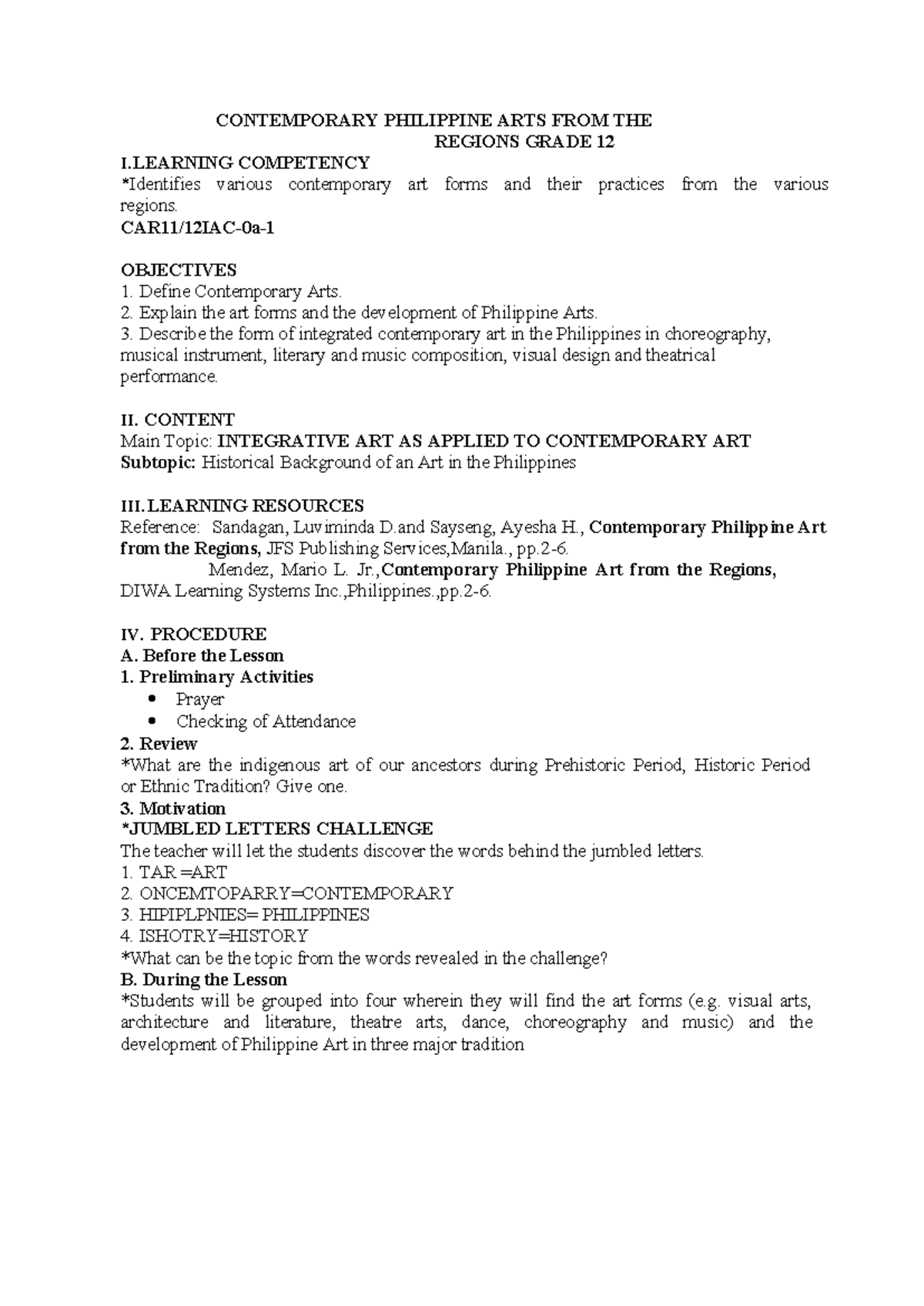 Compilation OF Lesson PLAN IN CPAR - CONTEMPORARY PHILIPPINE ARTS FROM ...