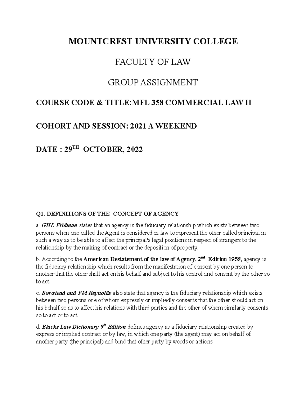 Agency Group Assignment - MOUNTCREST UNIVERSITY COLLEGE FACULTY OF LAW ...