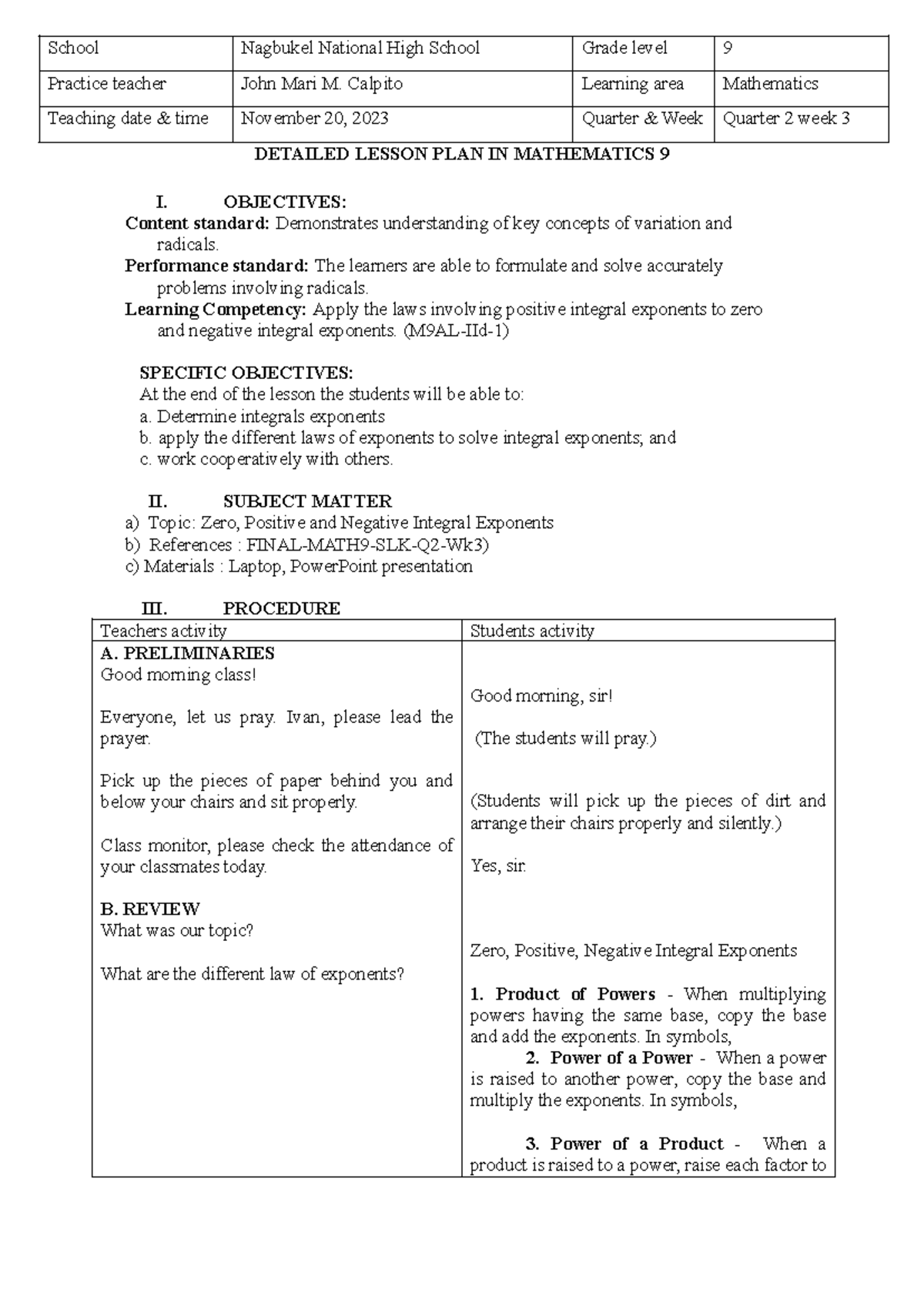 Integral Exponent GRAD 9 - DETAILED LESSON PLAN IN MATHEMATICS 9 I ...