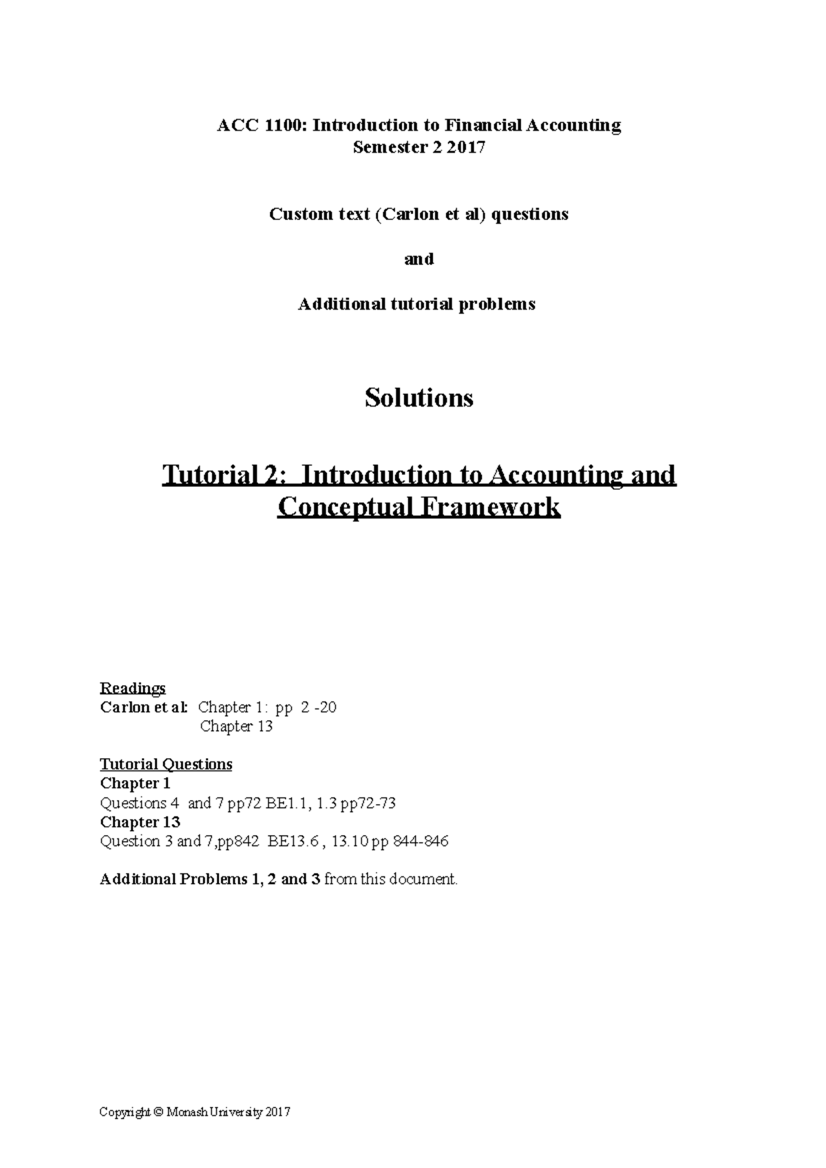 Tute 2 Solutions ACC1100 - ACC 1100: Introduction to Financial ...