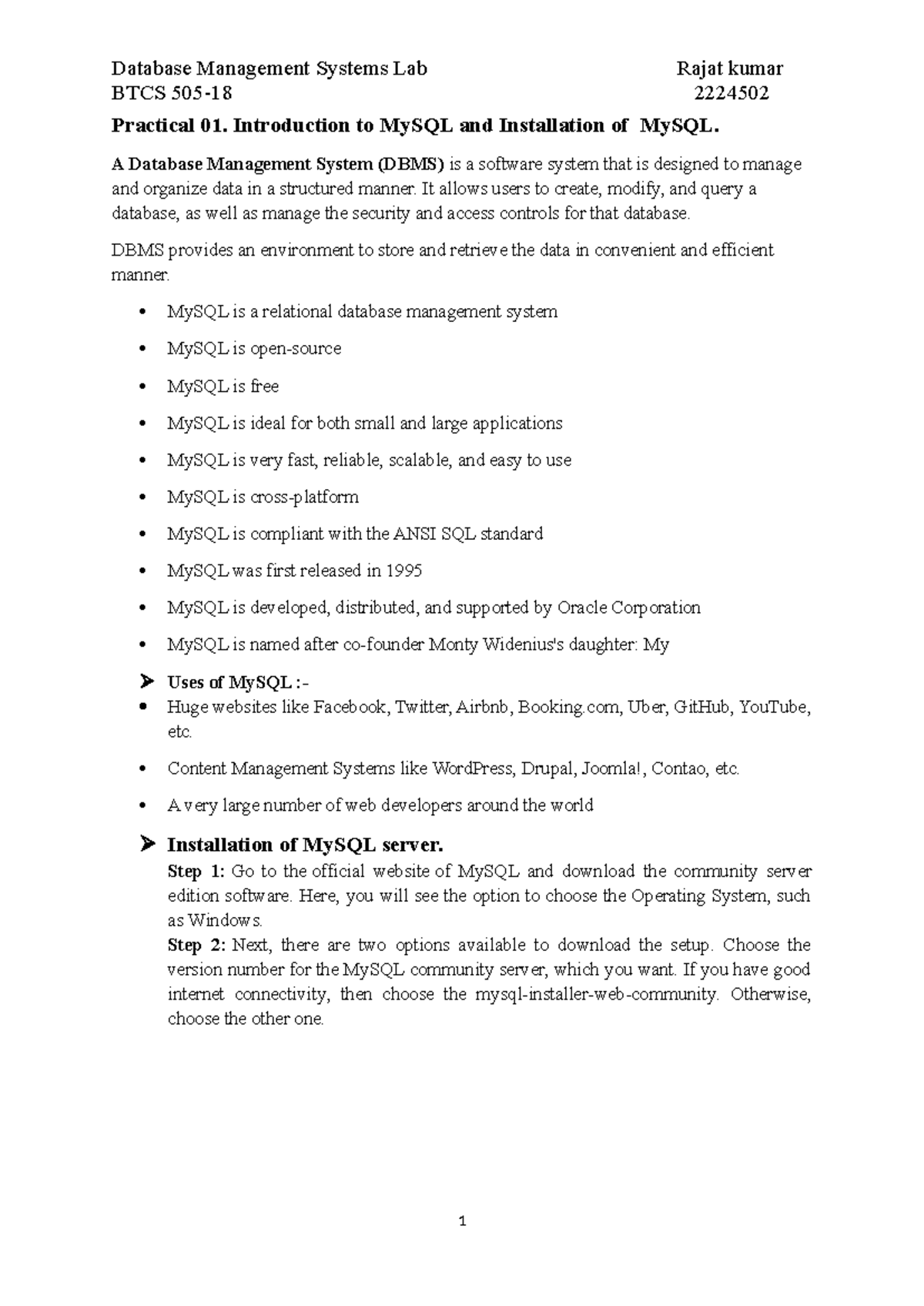 DBMS lab rajat - lab manual experiments - BTCS 505-18 2224502 Practical 01. Introduction to ...