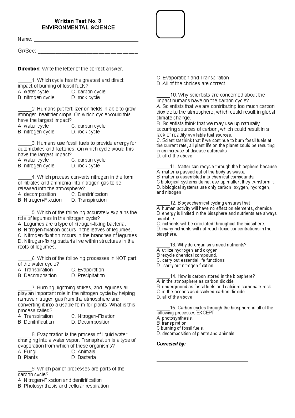 Q1WW3 Envisci - Environmental Science 7 - Written Test No. 3 ...