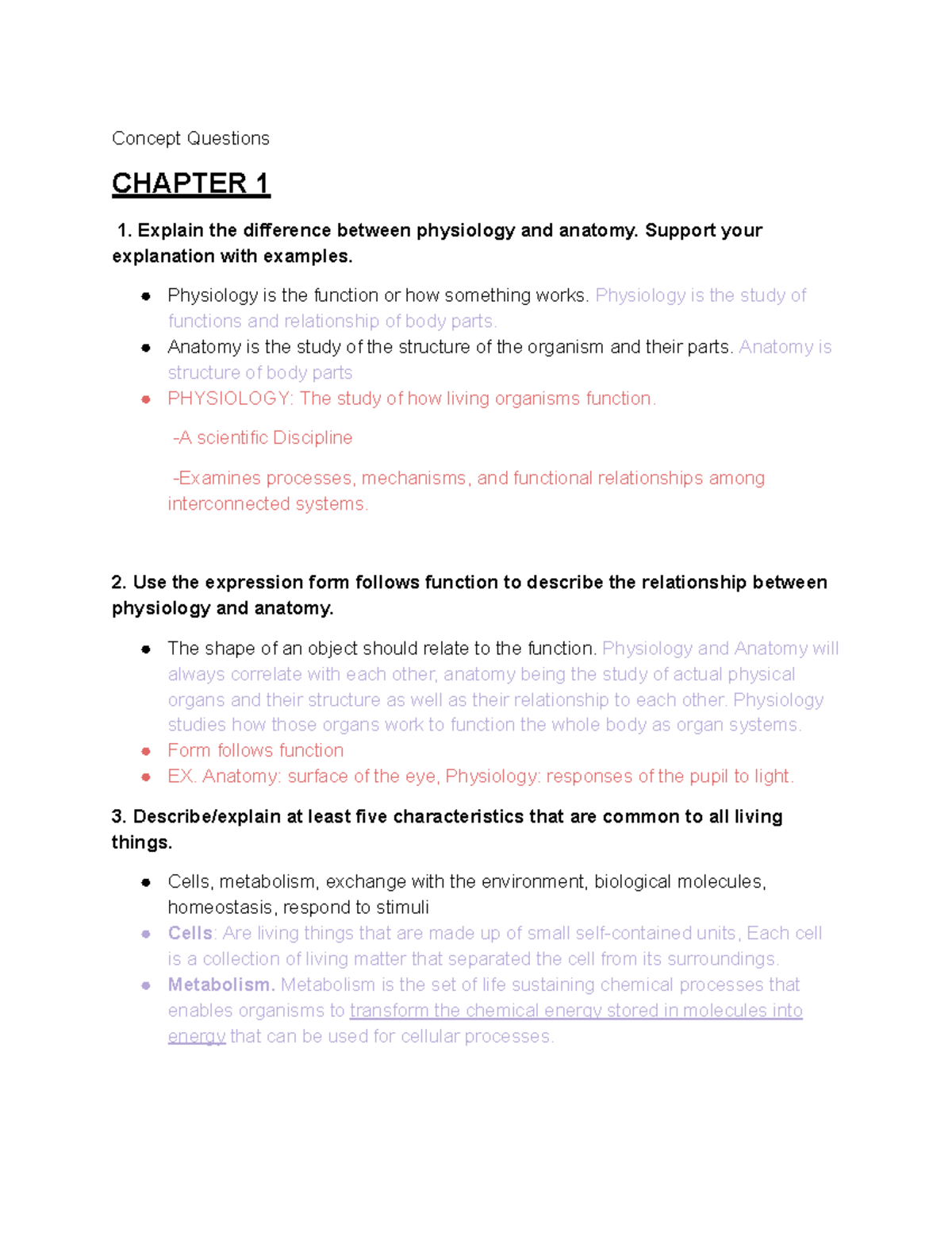 Exam 1 physiology study guide - Concept Questions CHAPTER 1 1. Explain ...
