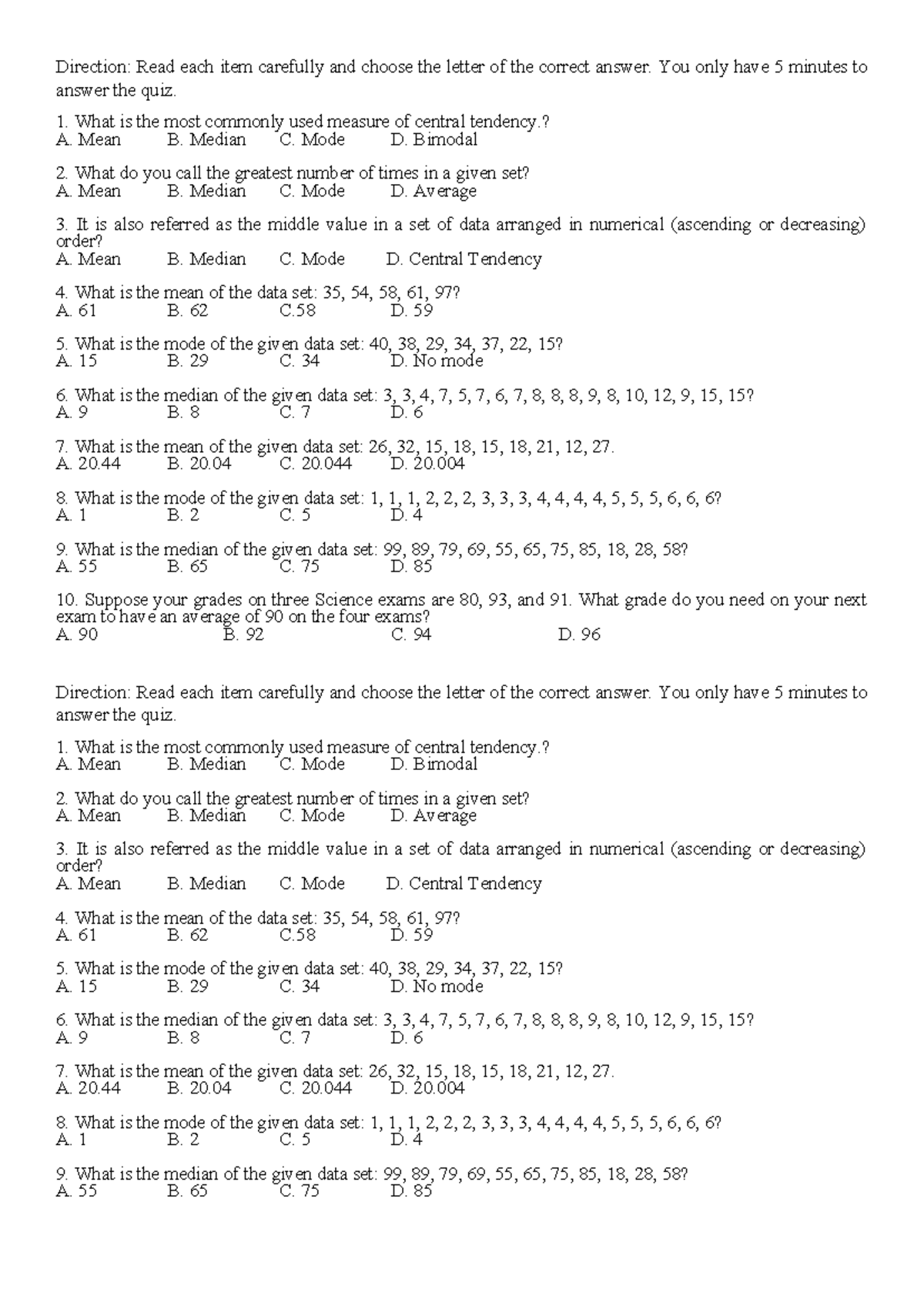 QUIZ - Direction: Read each item carefully and choose the letter of the ...