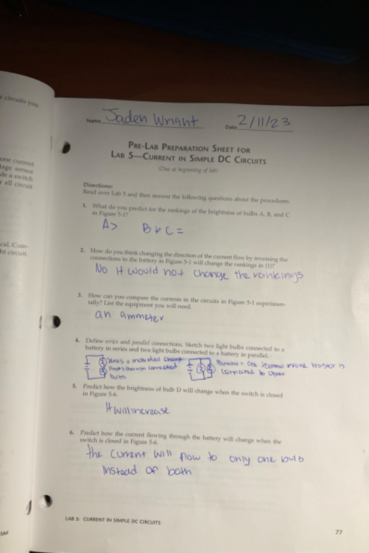 Phys 2 lab- prelab 5 - Name Jaden Wright Date PREPARATION SHEET FOR LAB IN SIMPLE DC CIRCUITS ...