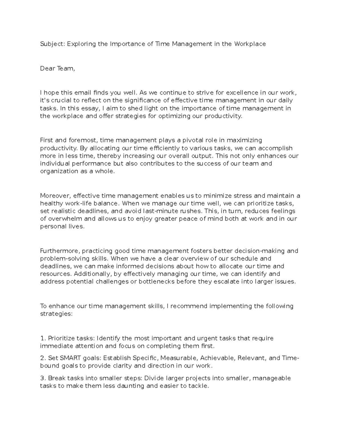 Eee1 - Subject: Exploring the Importance of Time Management in the ...