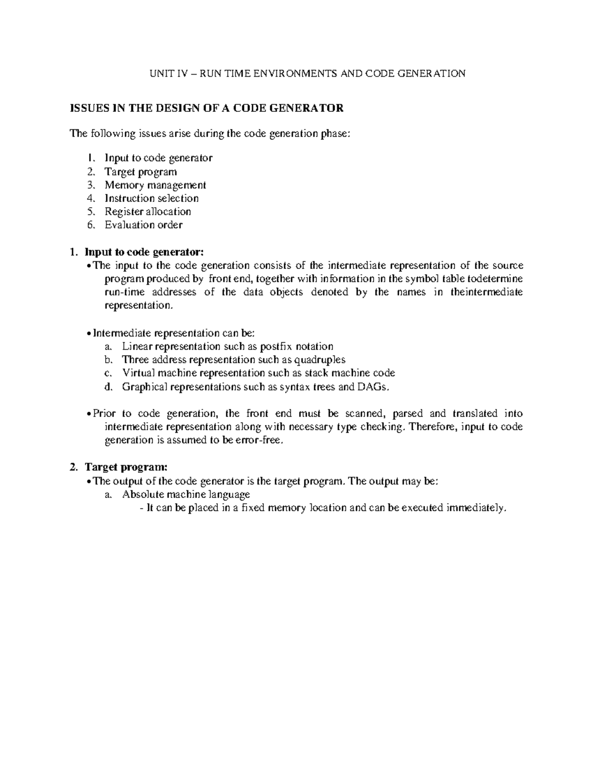CTCD UNIT 4 - unit 4 of ctcd theory - UNIT IV – RUN TIME ENVIRONMENTS AND CODE GENERATION ISSUES ...