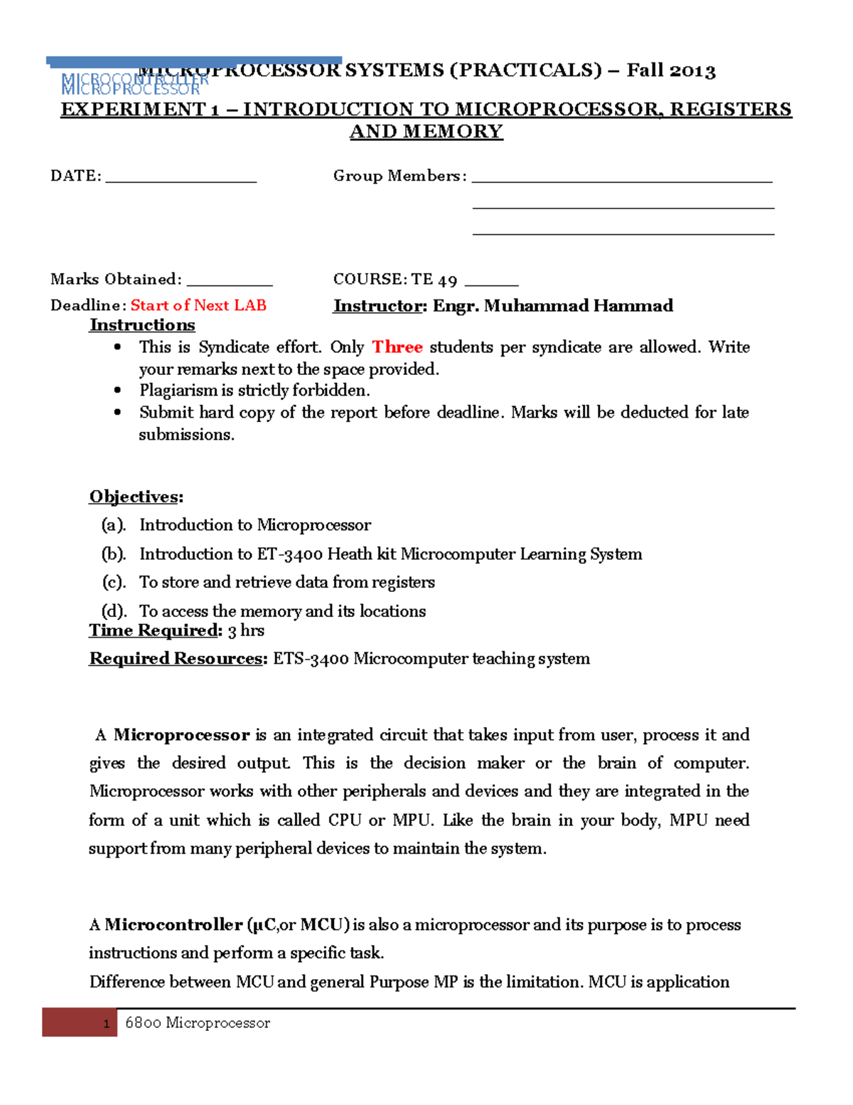 Experiment 01 - Introduction to Microprocessor, Registor and Memory - MICROPROCESSOR SYSTEMS ...