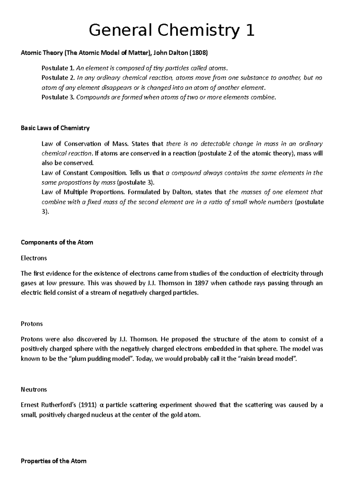 General Chemistry 1 and 2 - General Chemistry 1 Atomic Theory (The ...