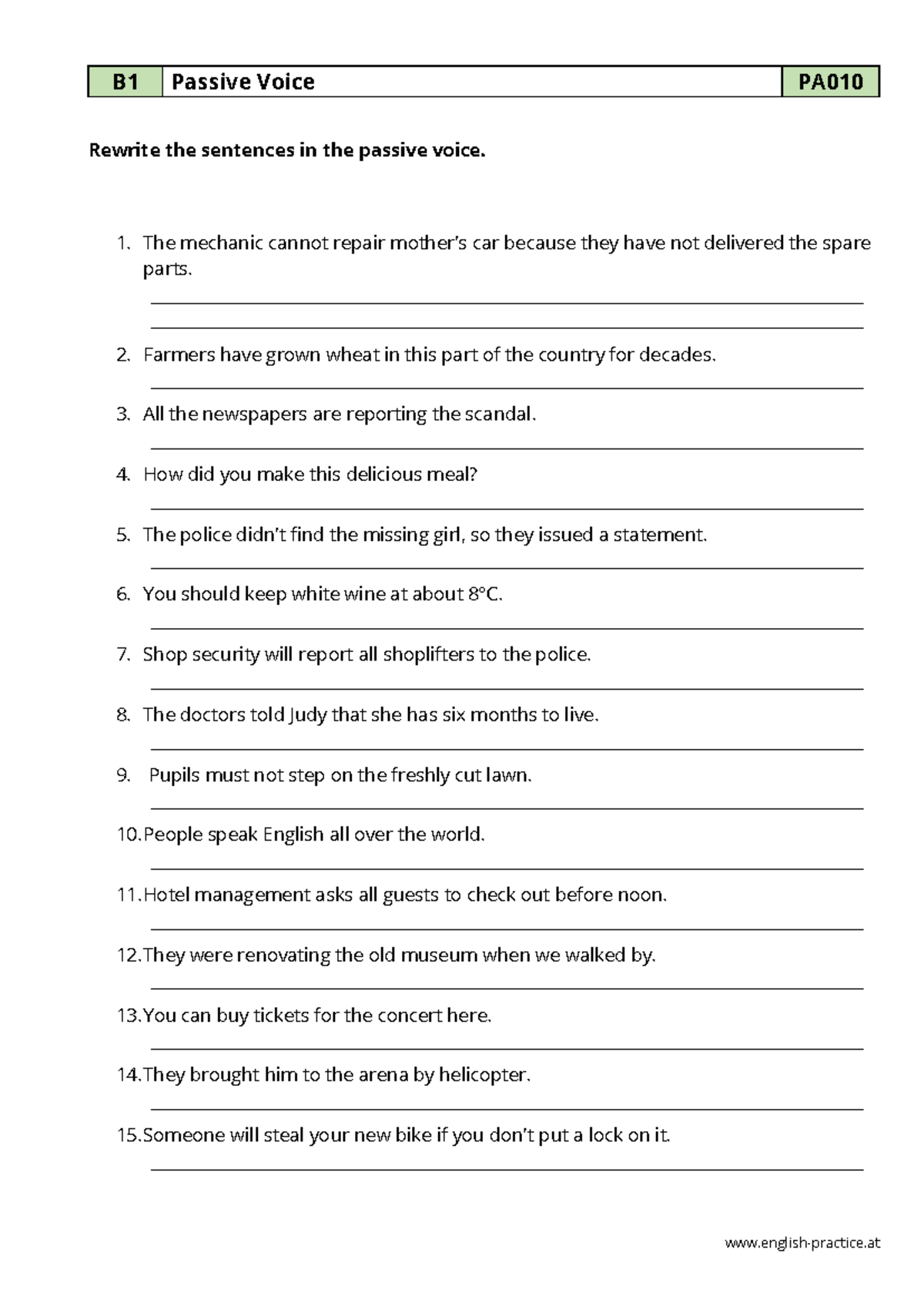 Passive Voice - PDF Grammar Worksheet - B1 - PA010 - english-practice ...