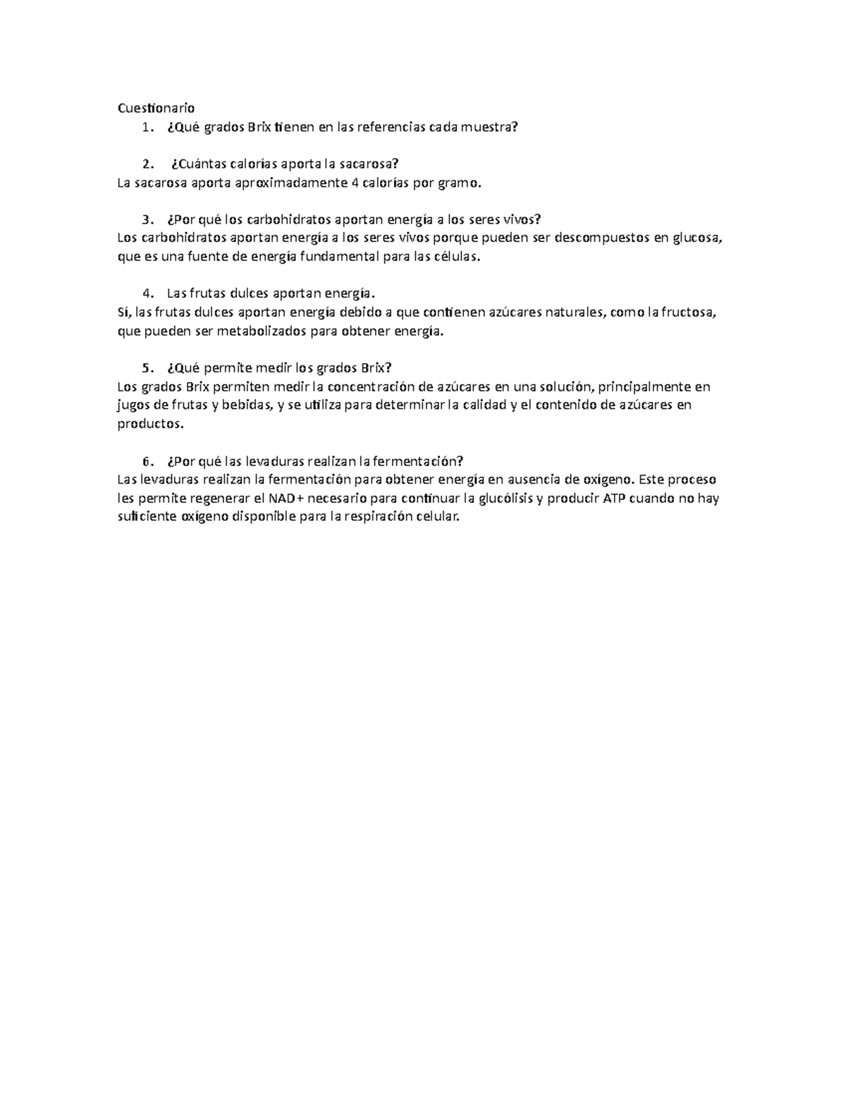 Práctica bioquímica - Cuestionario 1. ¿Qué grados Brix tienen en las ...