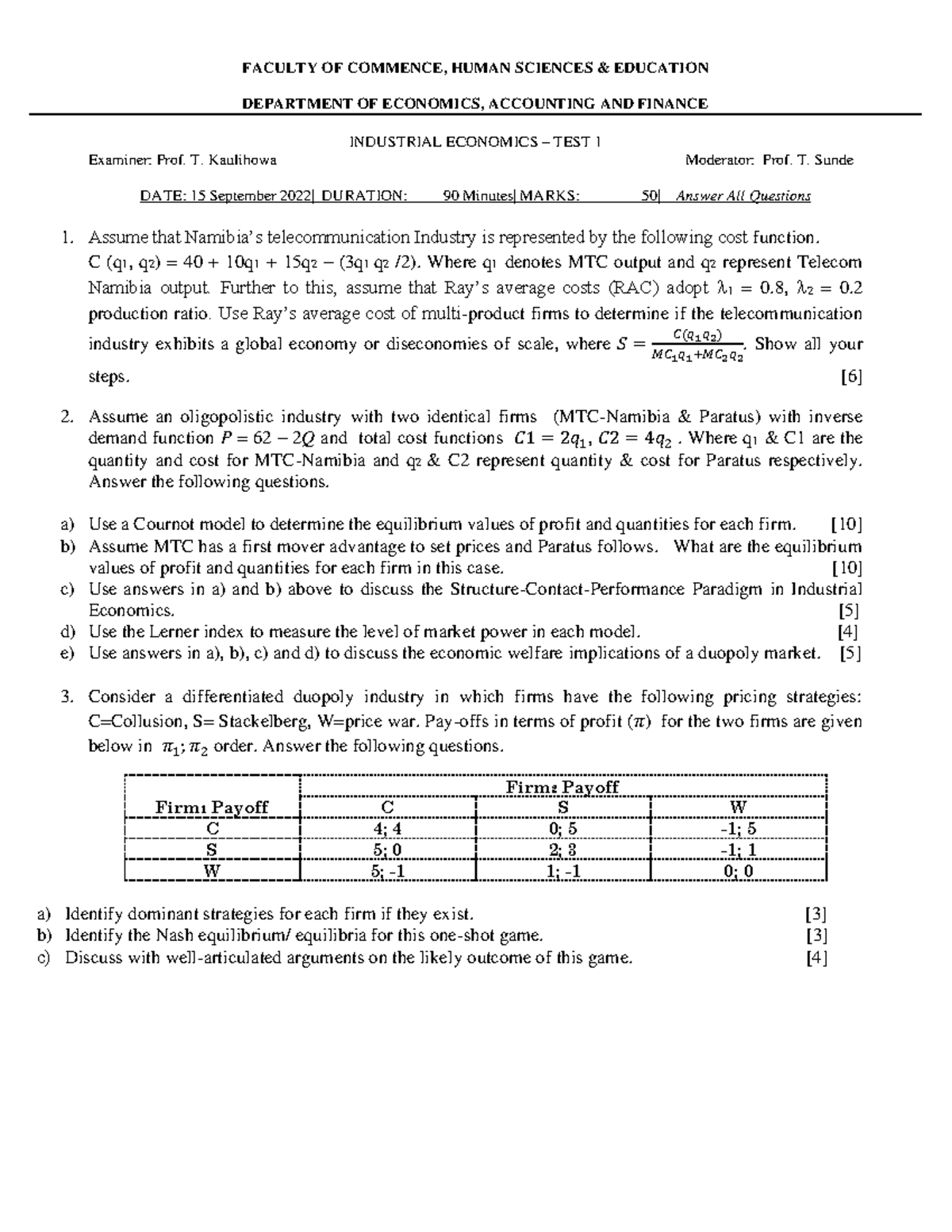 Test 1 - TEST 1 - FACULTY OF COMMENCE, HUMAN SCIENCES & EDUCATION ...