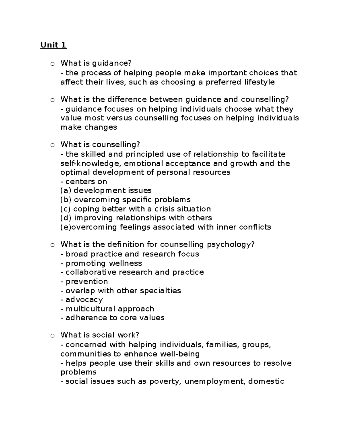 Unit 1 - Guide (Counselling) - Unit 1 o What is guidance? - the process ...