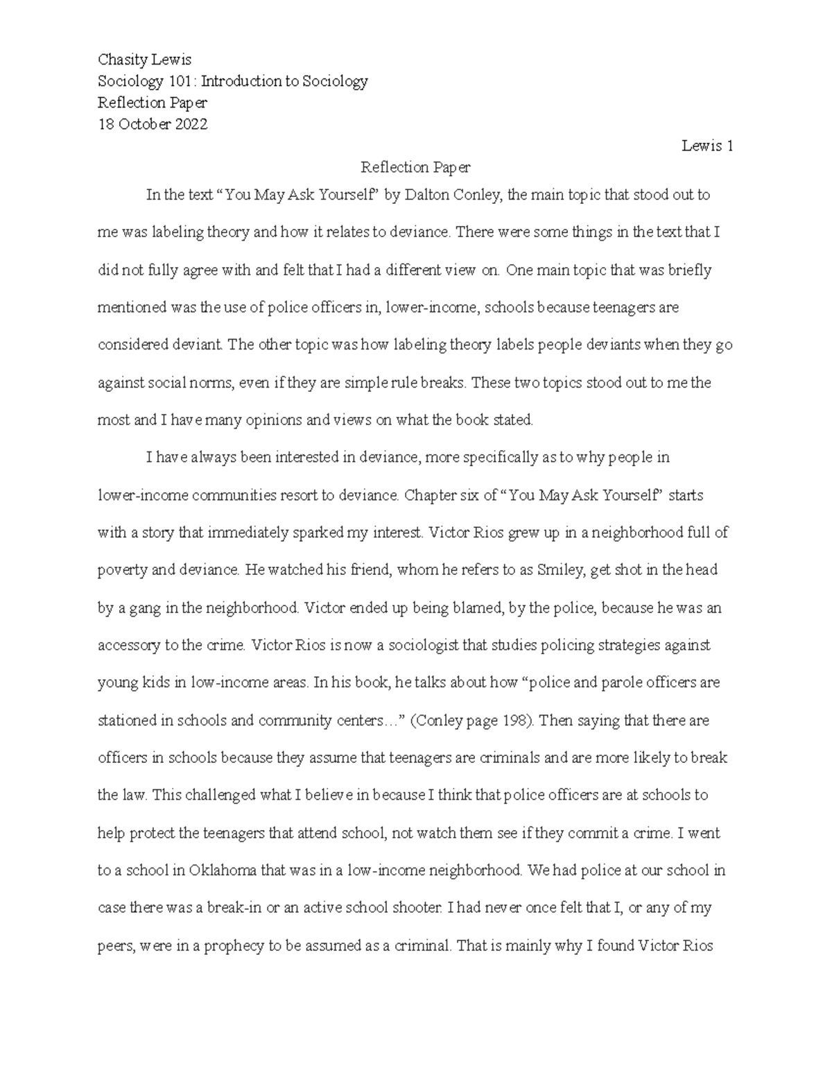 Sociology Reflection Paper - Chasity Lewis Sociology 101: Introduction ...