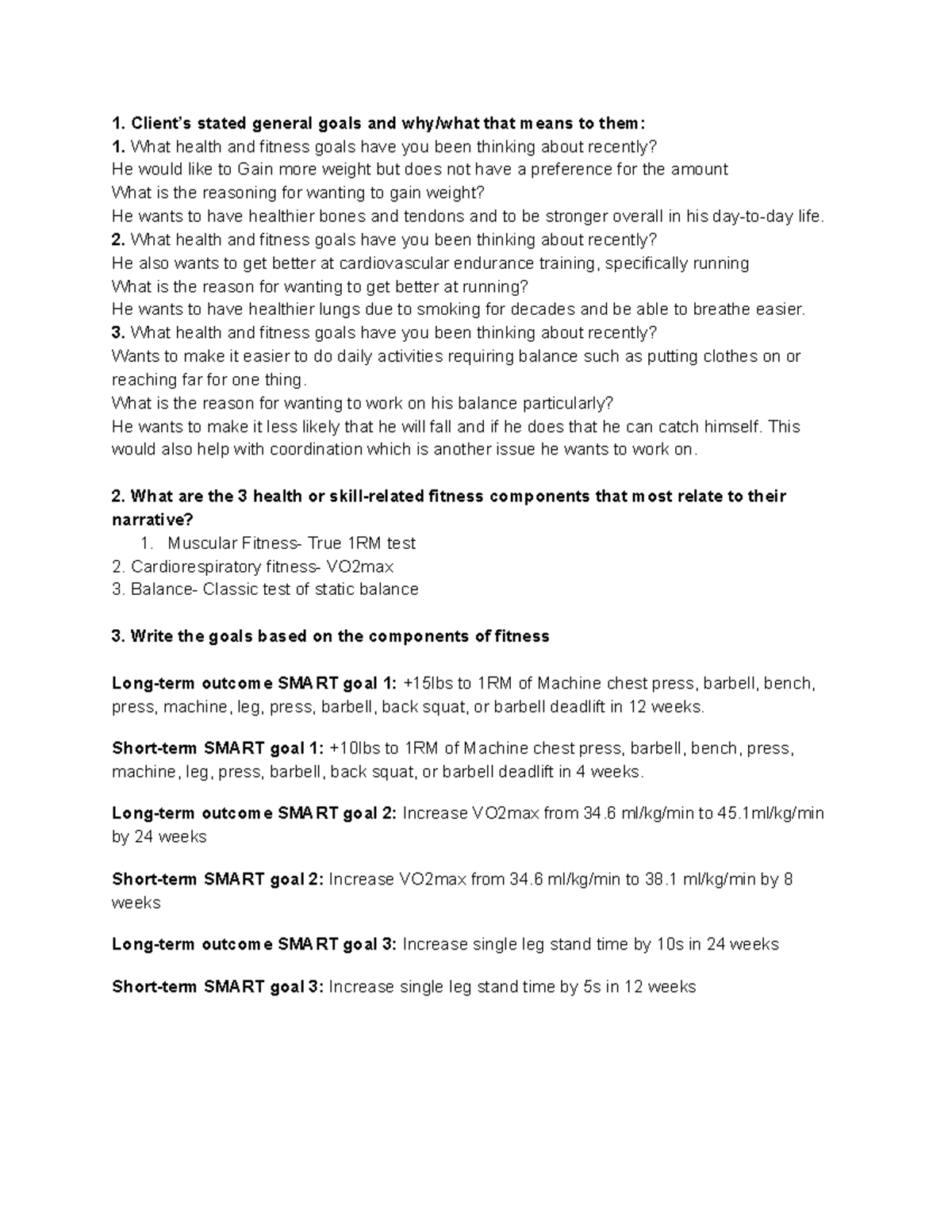 Smart goal assignment - Client’s stated general goals and why/what that ...