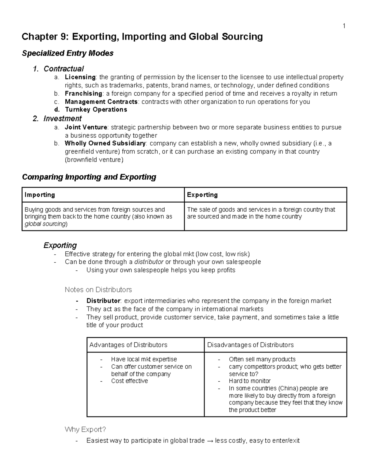 371 notes - Chapter 9: Exporting, Importing and Global Sourcing ...