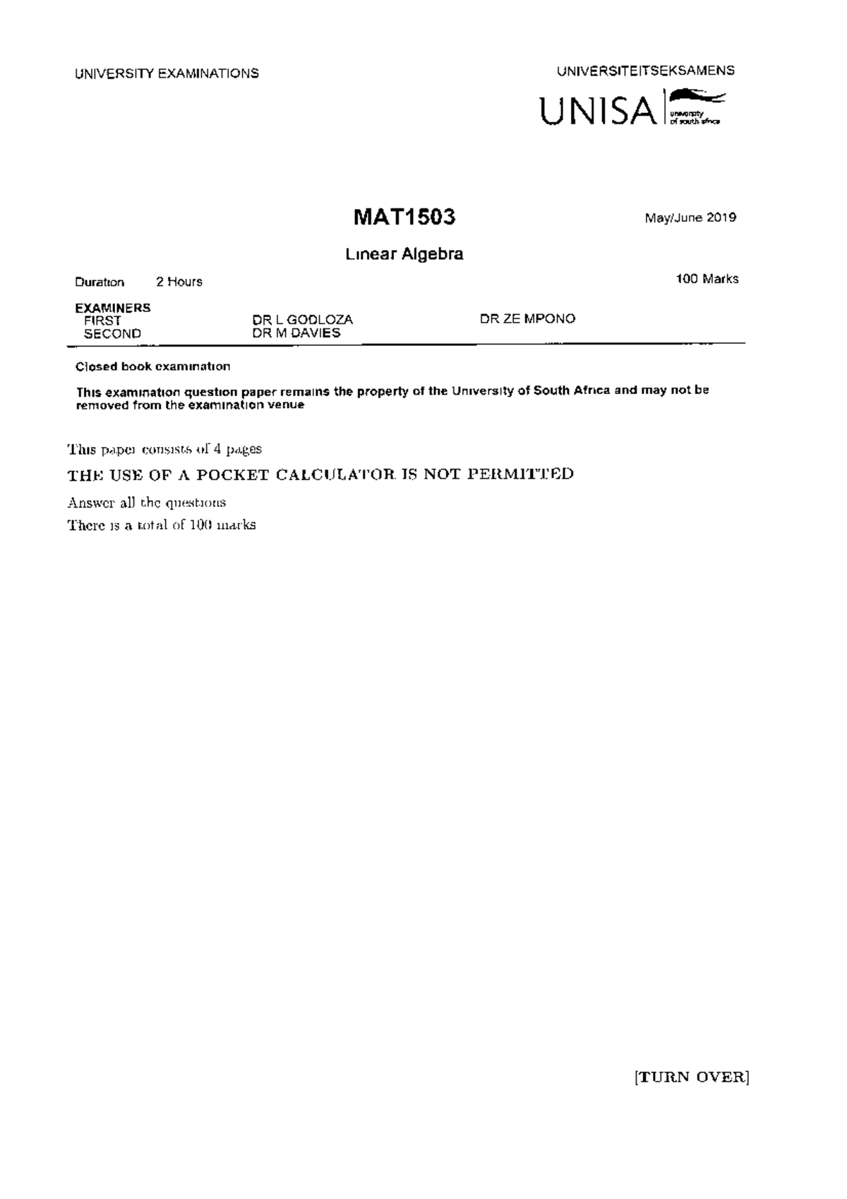 Exam June 2019 - MAT1503 - Studocu