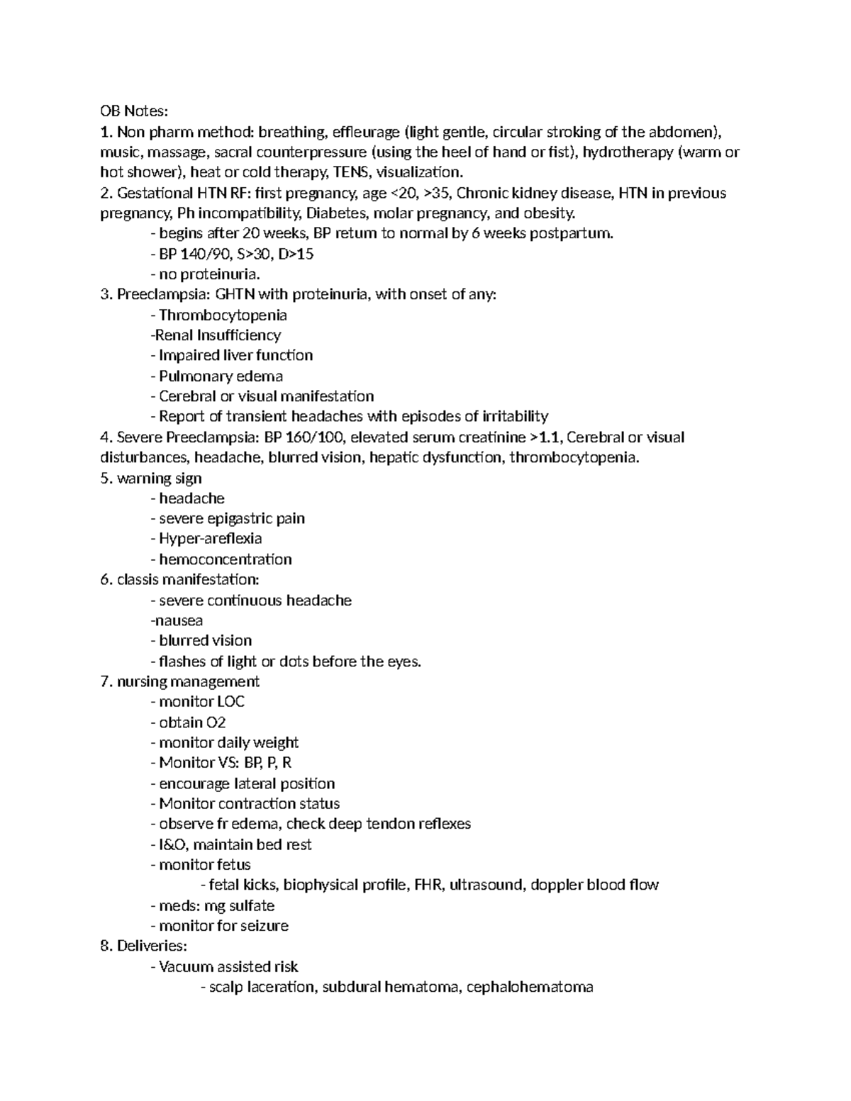 OB CMS Notes - OB Notes: Non pharm method: breathing, effleurage (light ...