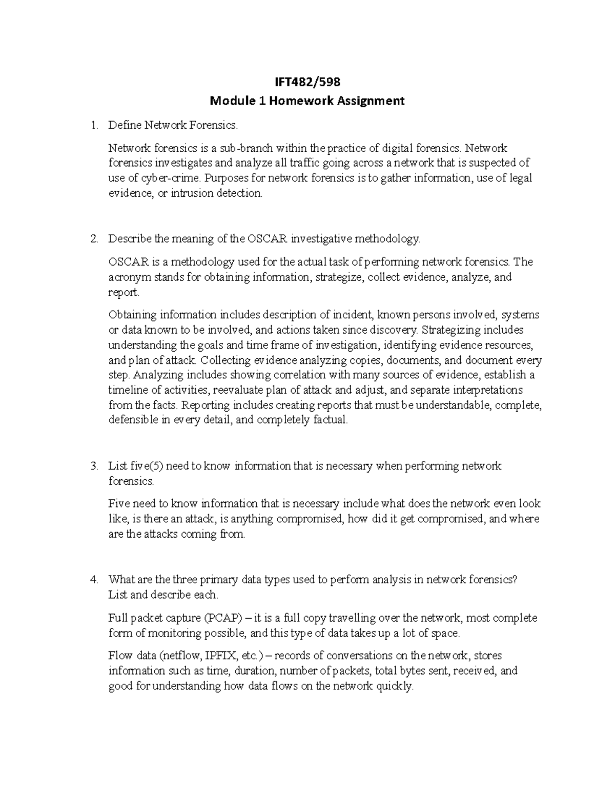 IFT482-589 Module 1 Homework - IFT482/ Module 1 Homework Assignment Define Network Forensics ...