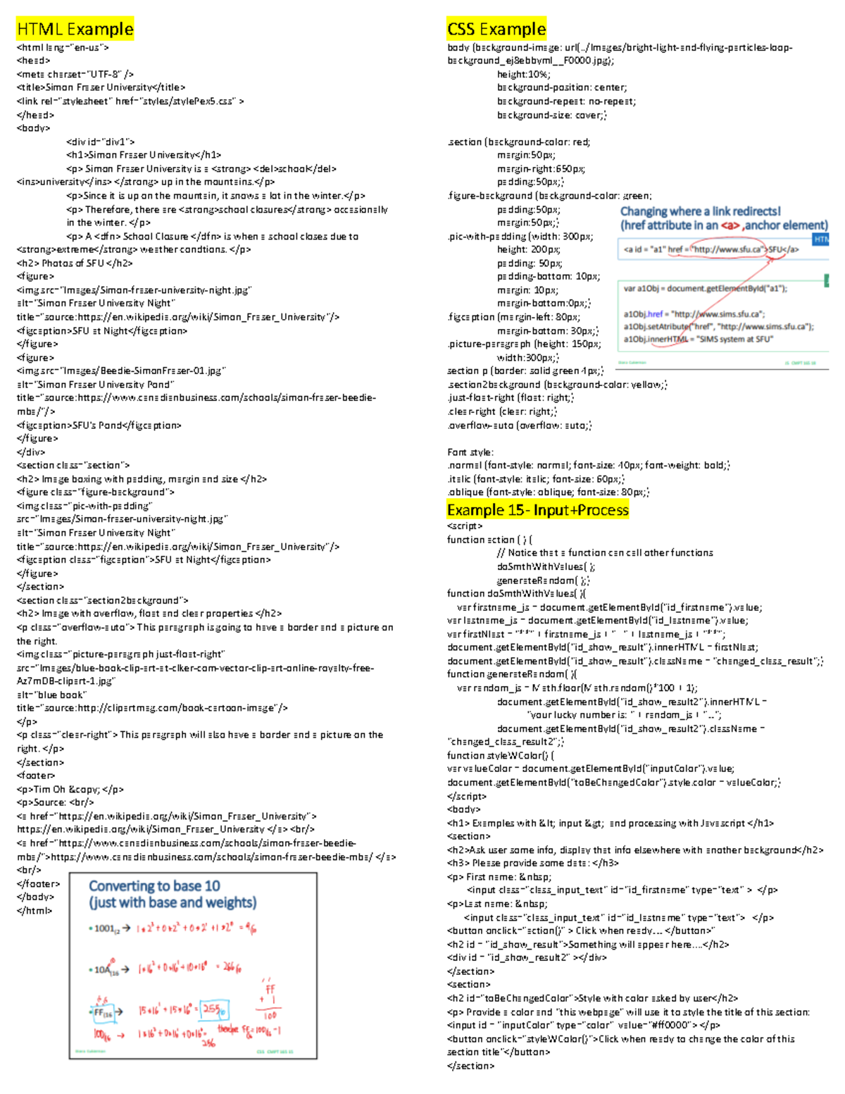 CMPT 165 Cheatsheet - Prof allowed cheat sheet of one page - HTML Example