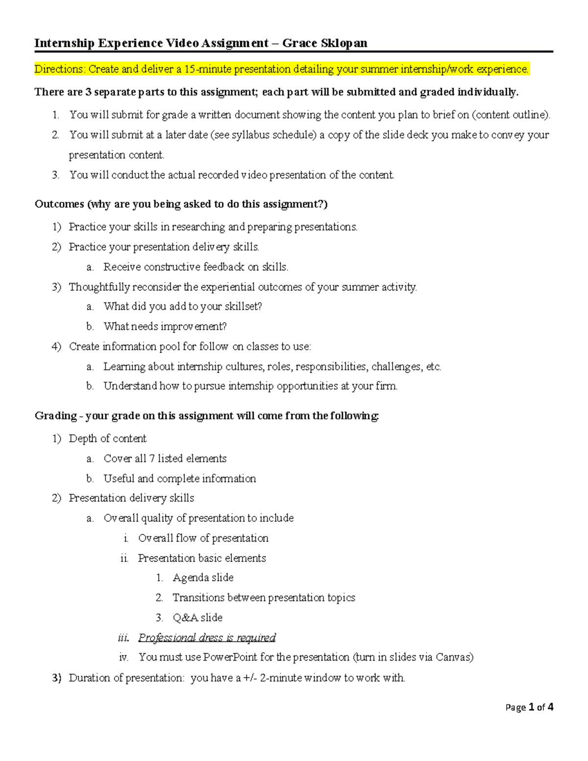 Internship Experience Video Assignment - There are 3 separate parts to ...