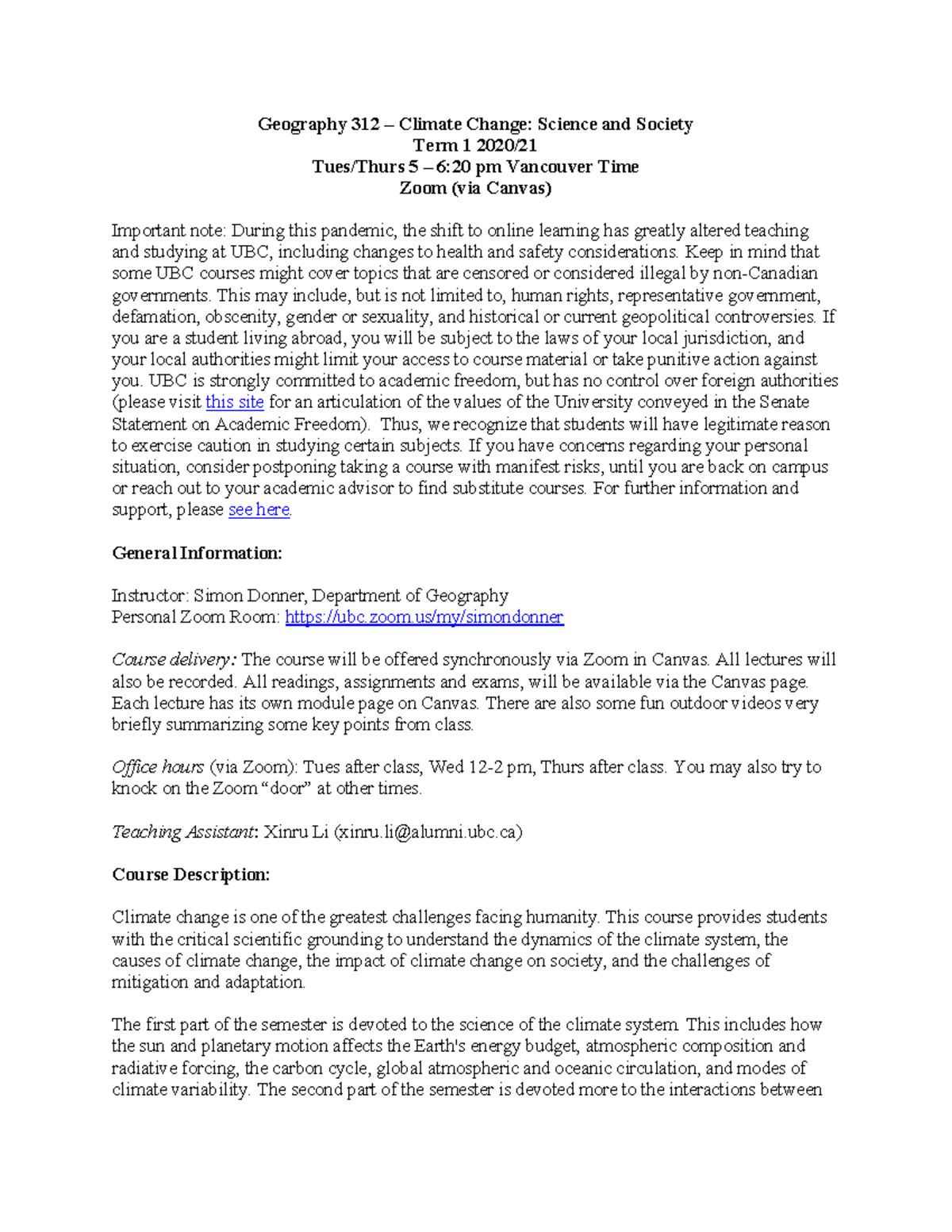 GEOG 312 - 2020 Syllabus - Geography 312 – Climate Change: Science and ...