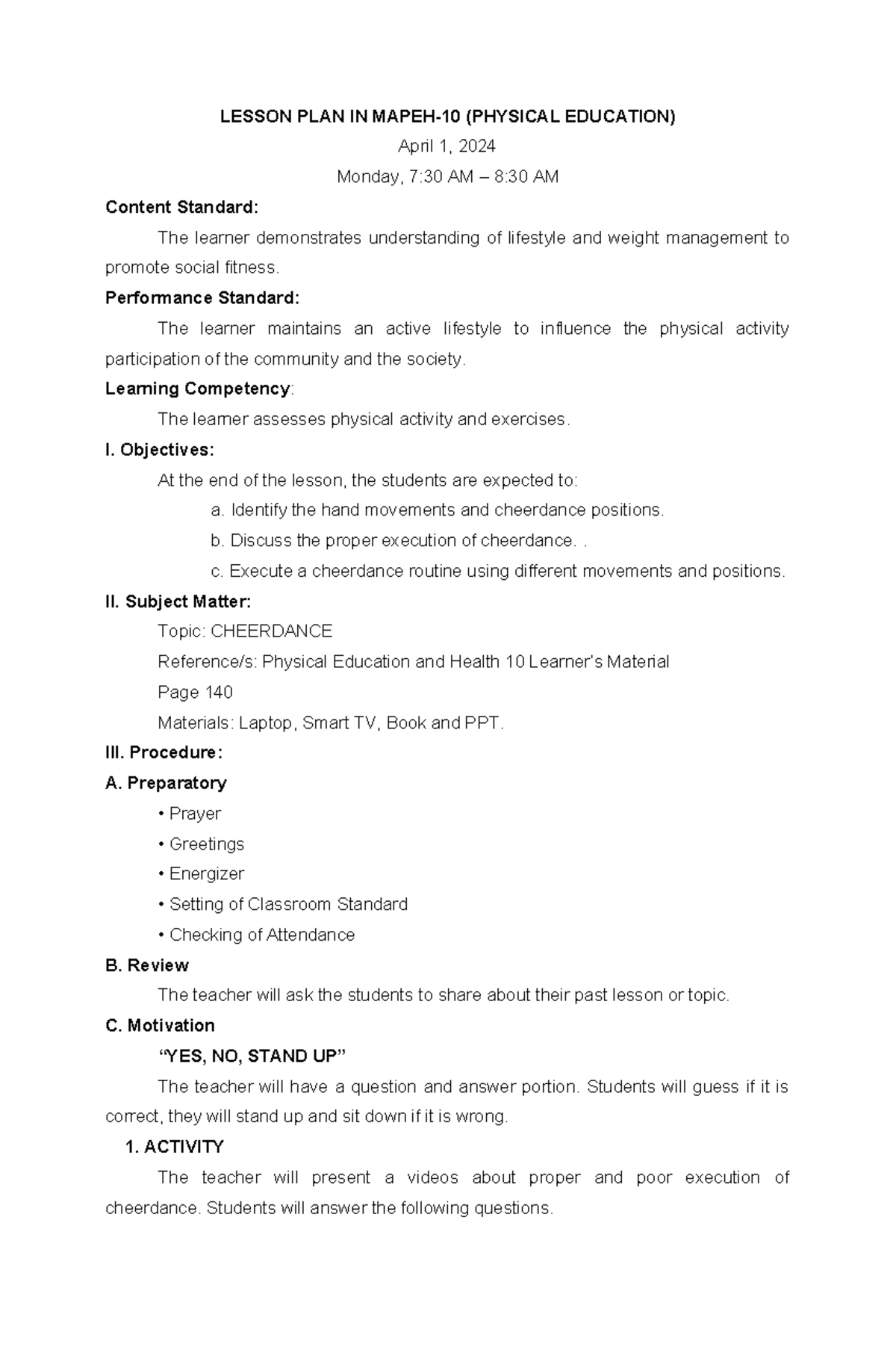 G10- Cheerdance - LESSON PLAN - LESSON PLAN IN MAPEH-10 (PHYSICAL ...