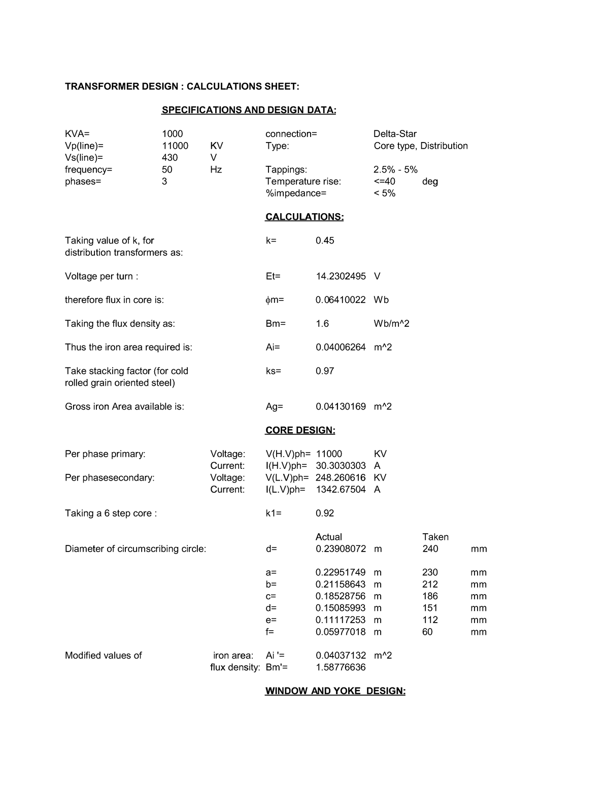 1MVA 11-0.433k V transformer design - TRANSFORMER DESIGN : CALCULATIONS ...