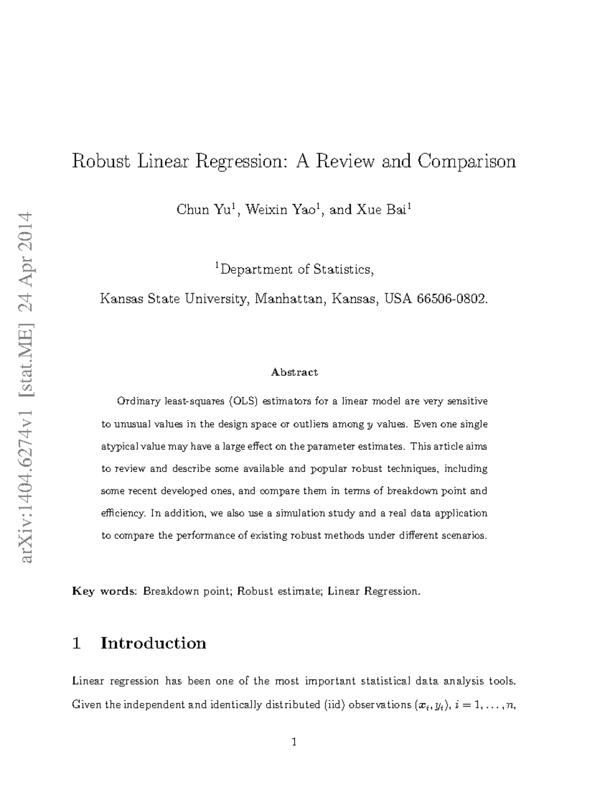 Breakdown - Robust Linear Regression: A Review and Comparison Chun Yu 1 , Weixin Yao 1 , and Xue ...