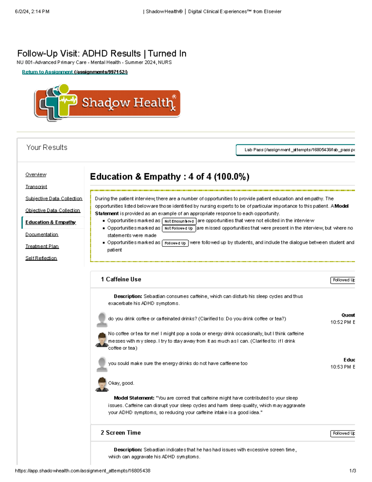 Shadow Health - ADHD-Education Empathy - Follow-Up Visit: ADHD Results ...
