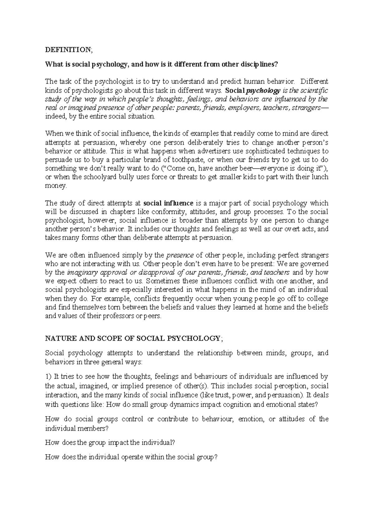 Unit 1 - Introduction to Social Psychology - DEFINITION; What is social ...