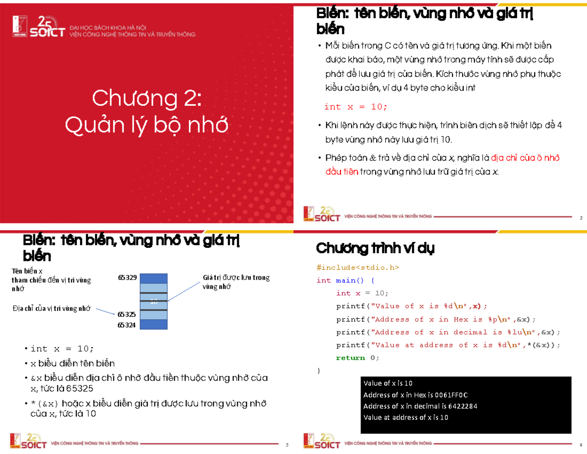 Lec2. Quan ly bo nho - no long - Chương 2: Quản lý bộ nhớ Biến: tên biến, vùng nhớ và giá trị ...