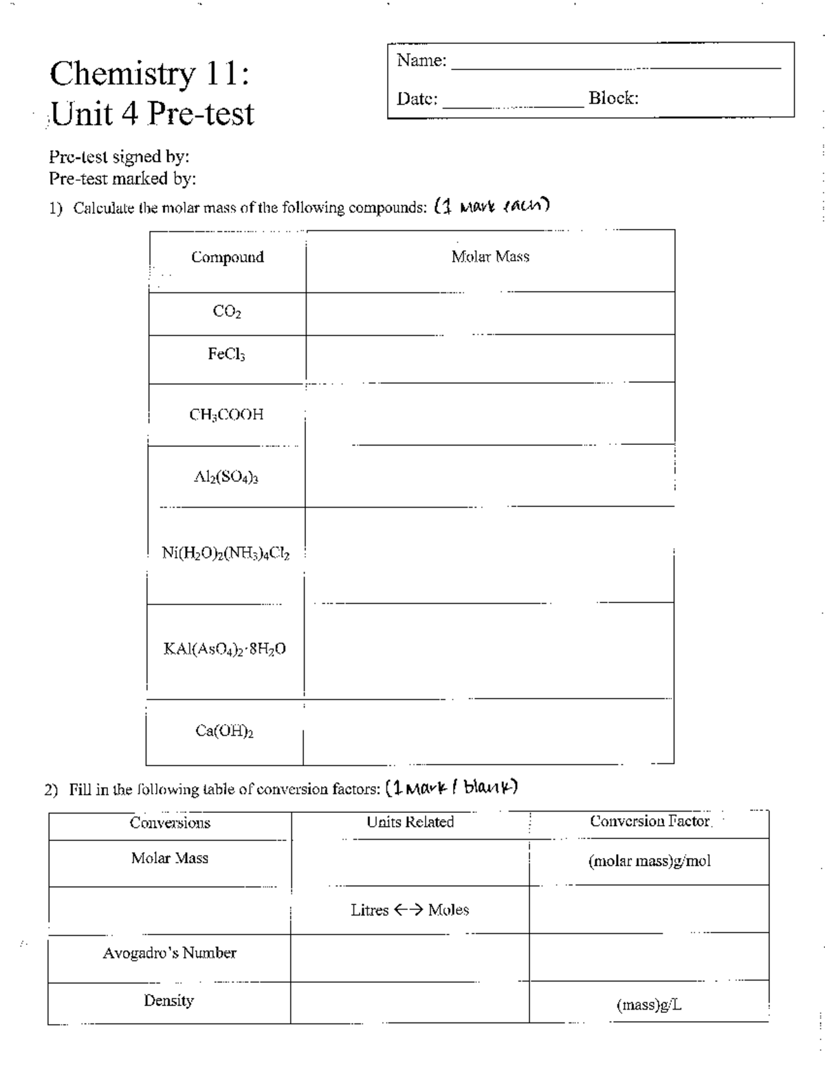 Moles Unit Review Name Chemistry 11 Date Block Unit 4 Signed Marked 1 Calculate The