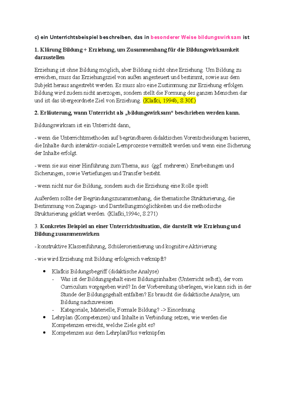 Bildungswirksamer Unterricht Aufgabe - c) ein Unterrichtsbeispiel ...
