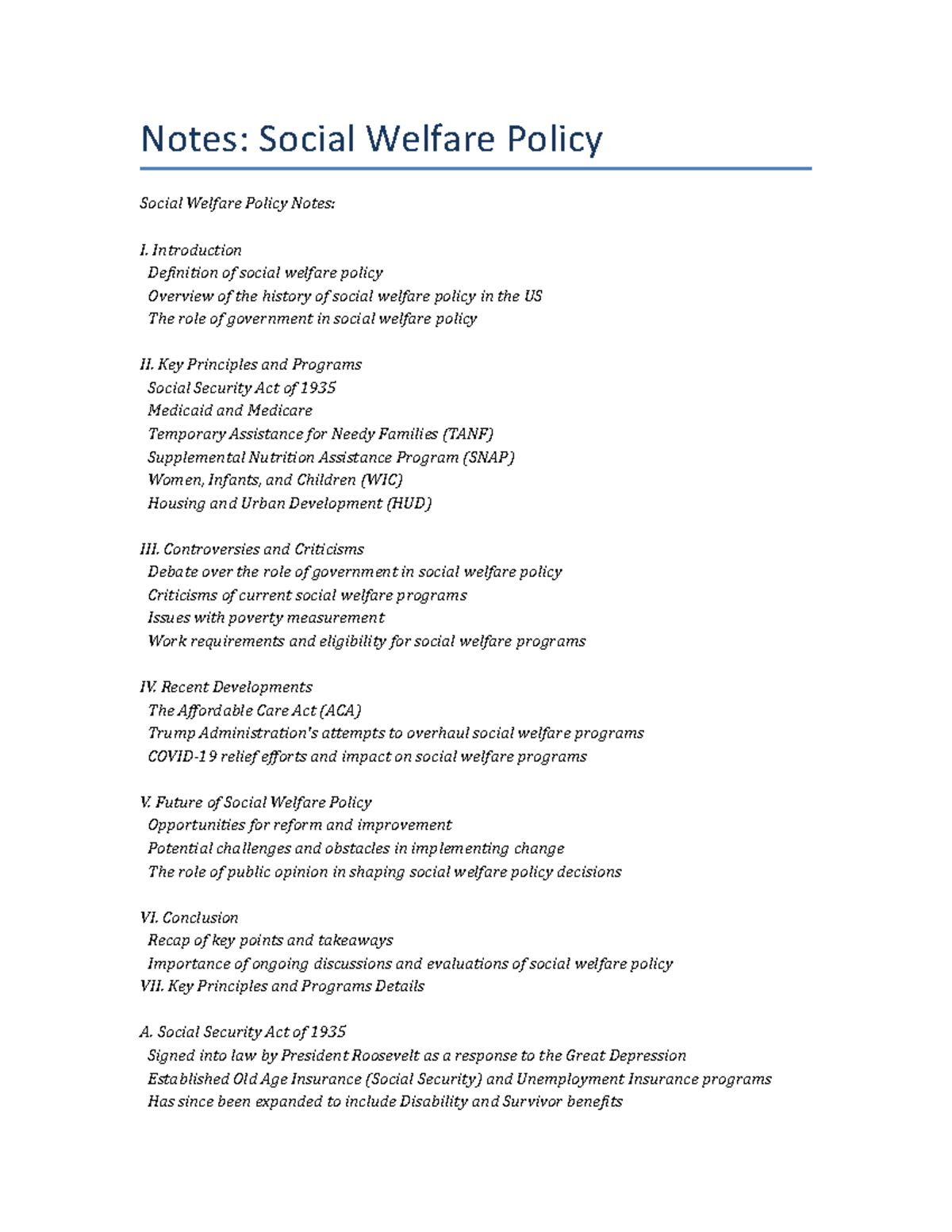 Lecture Notes - Social Welfare Policy - Notes: Social Welfare Policy ...