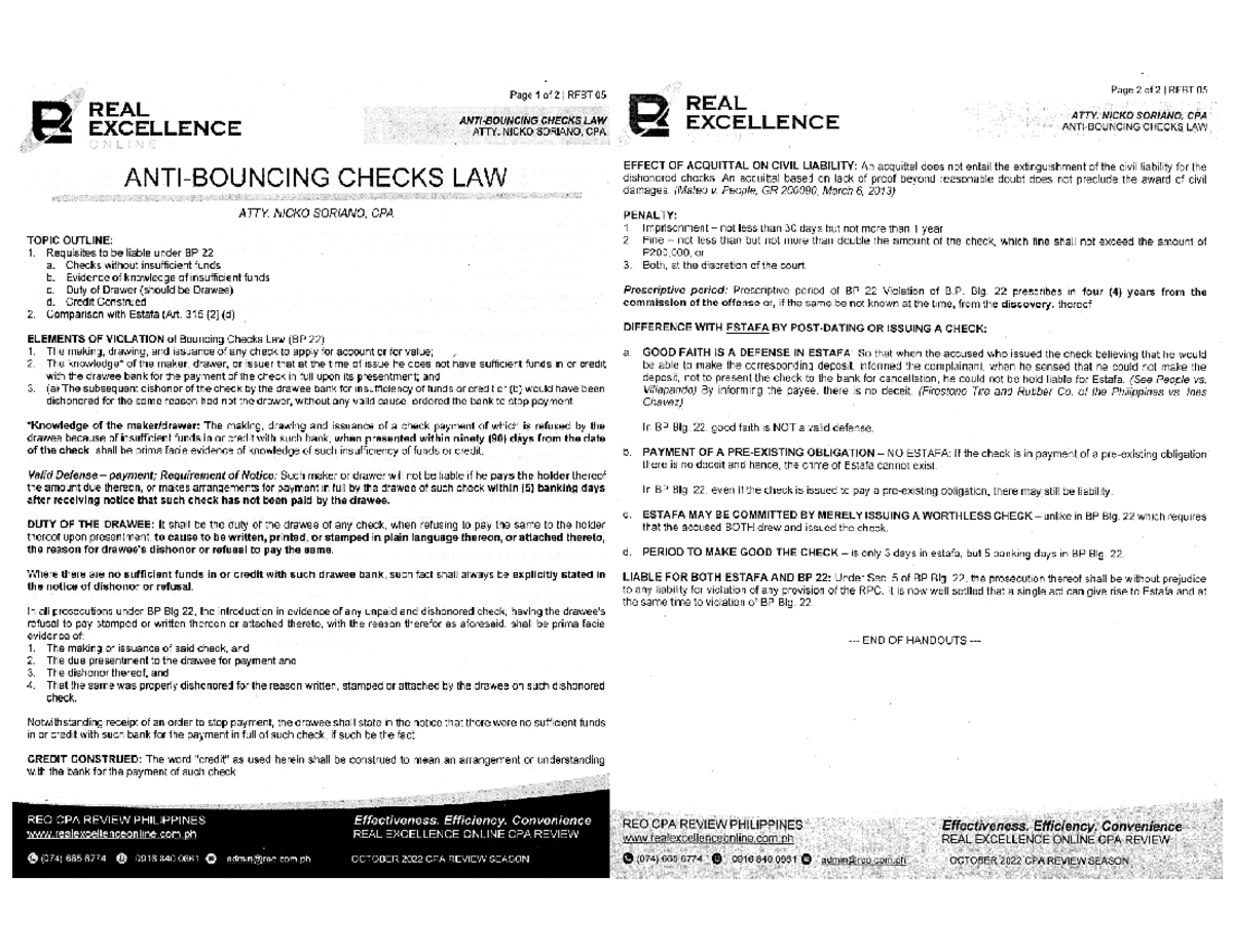 BP-22 - Anti-Bouncing Checks - Civil Code - Studocu
