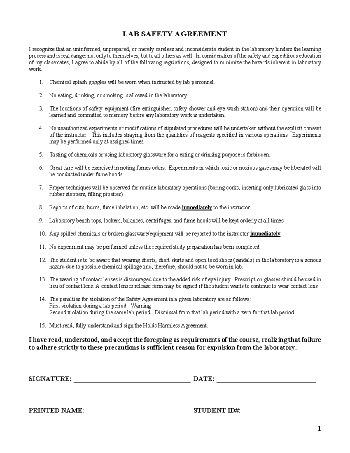 Safety Agreements - Biological Diversity Lab taught by Rebecca Hodnett ...