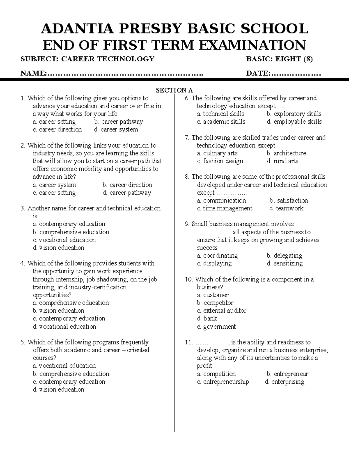 BDT F3 - not reference material - ADANTIA PRESBY BASIC SCHOOL END OF ...